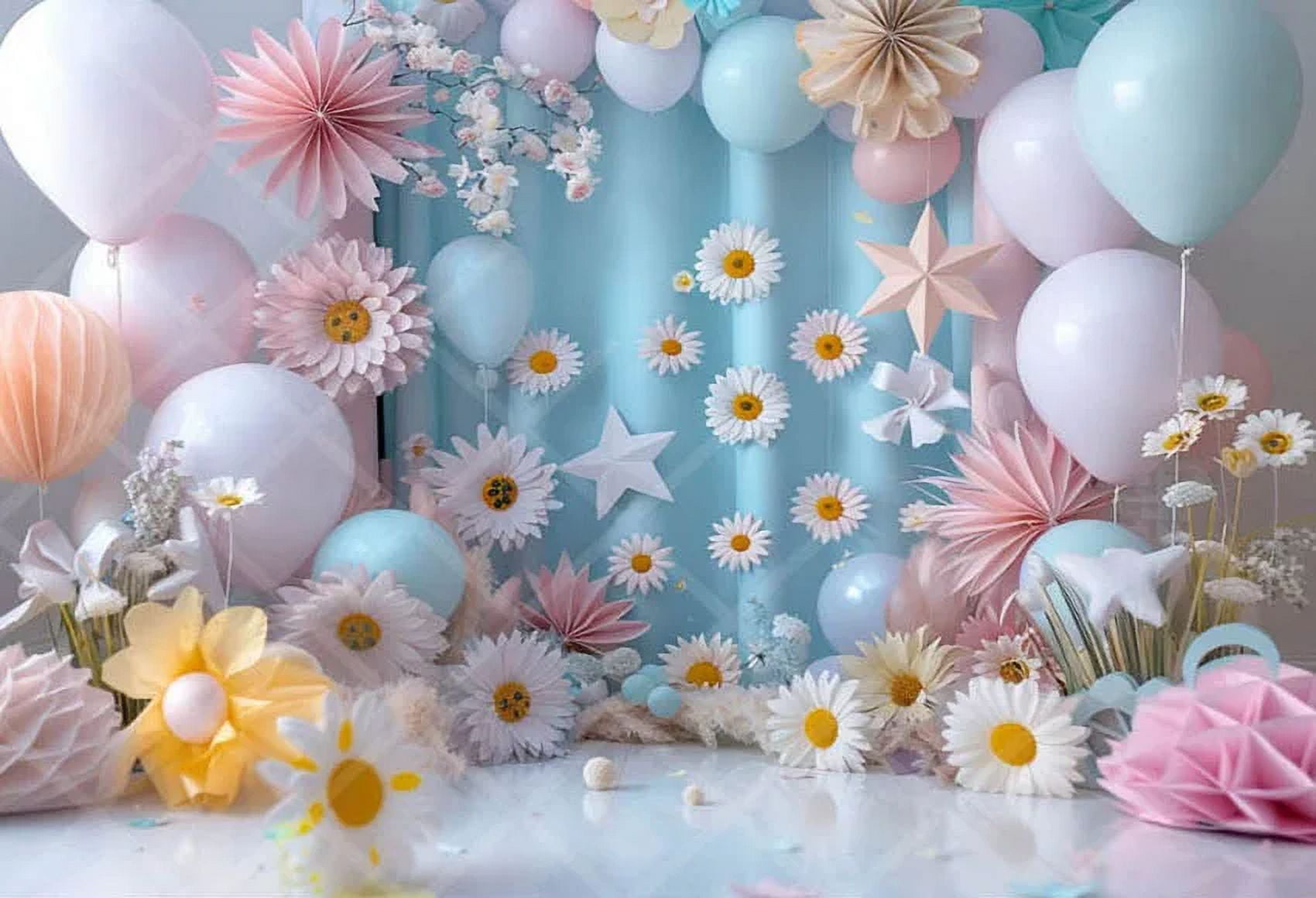 Boho Daisy Flowers Balloon Girl Birthday Party Cake Smash Portrait r ...