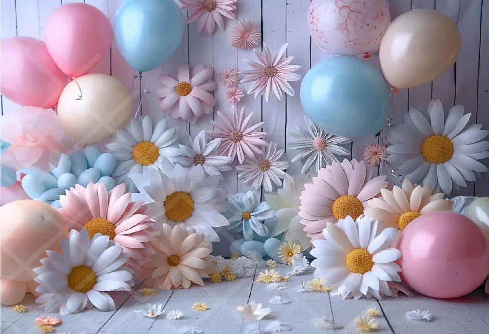 Boho Daisy Flowers Balloon Girl Birthday Party Cake Smash Portrait r ...