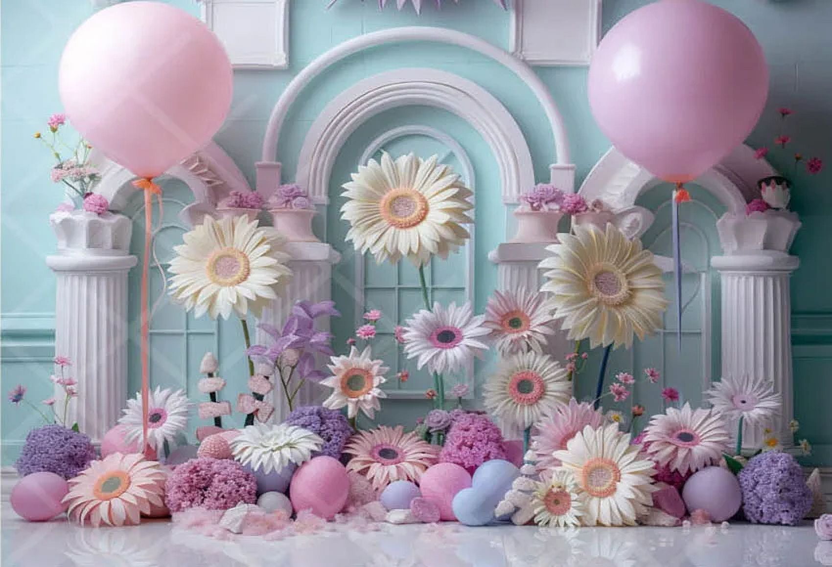 Boho Daisy Flowers Balloon Girl Birthday Party Cake Smash Portrait r ...