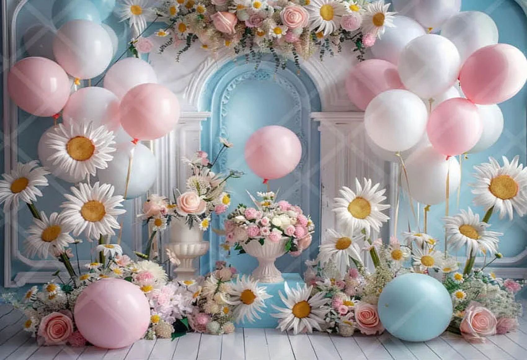 Boho Daisy Flowers Balloon Girl Birthday Party Cake Smash Portrait r ...