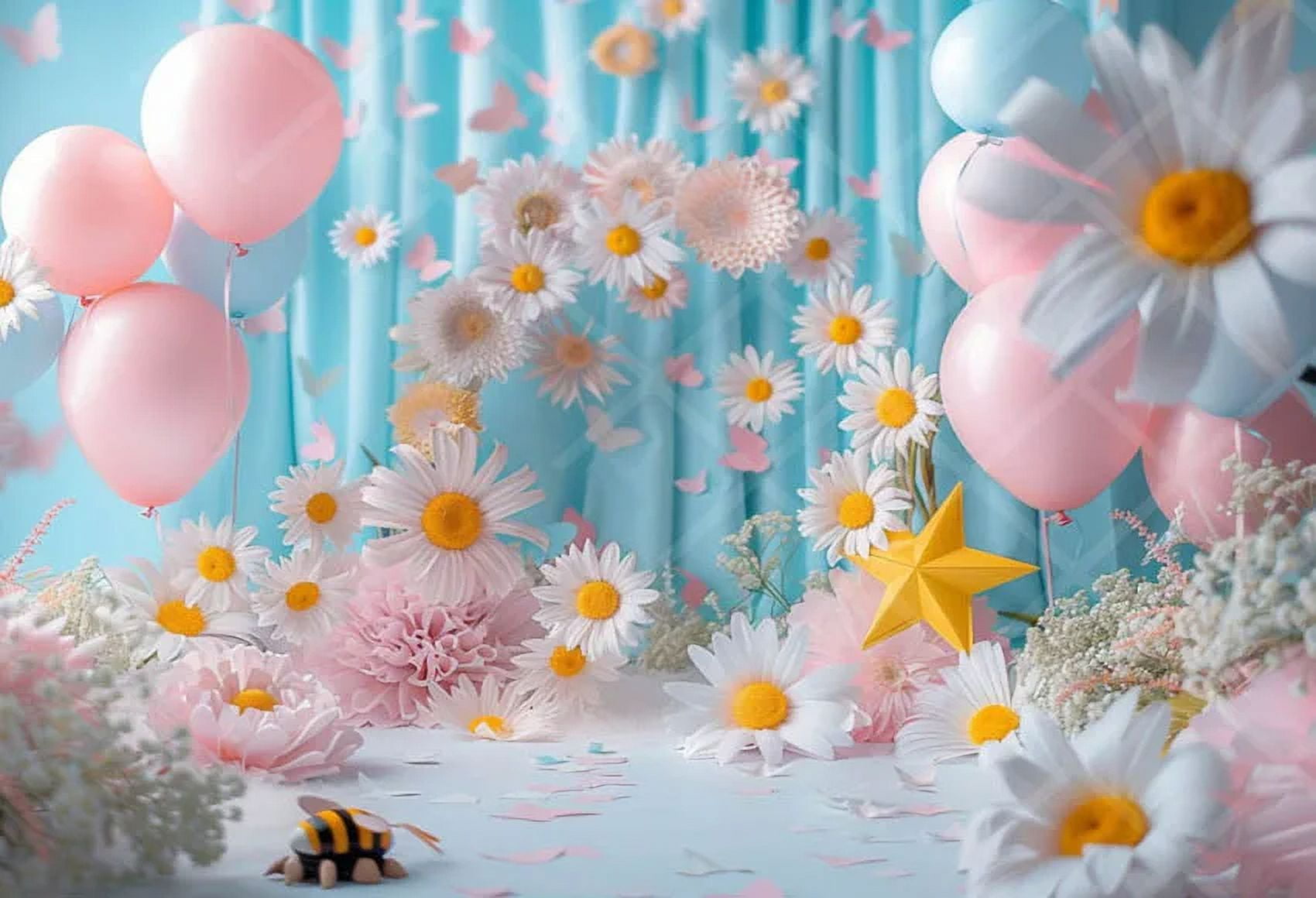 Boho Daisy Flowers Balloon Girl Birthday Party Cake Smash Portrait r ...