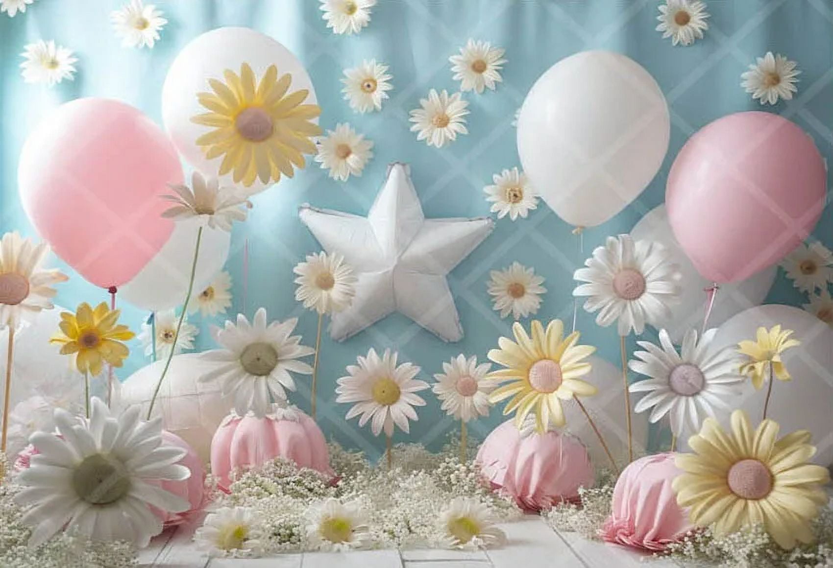 Boho Daisy Flowers Balloon Girl Birthday Party Cake Smash Portrait r ...