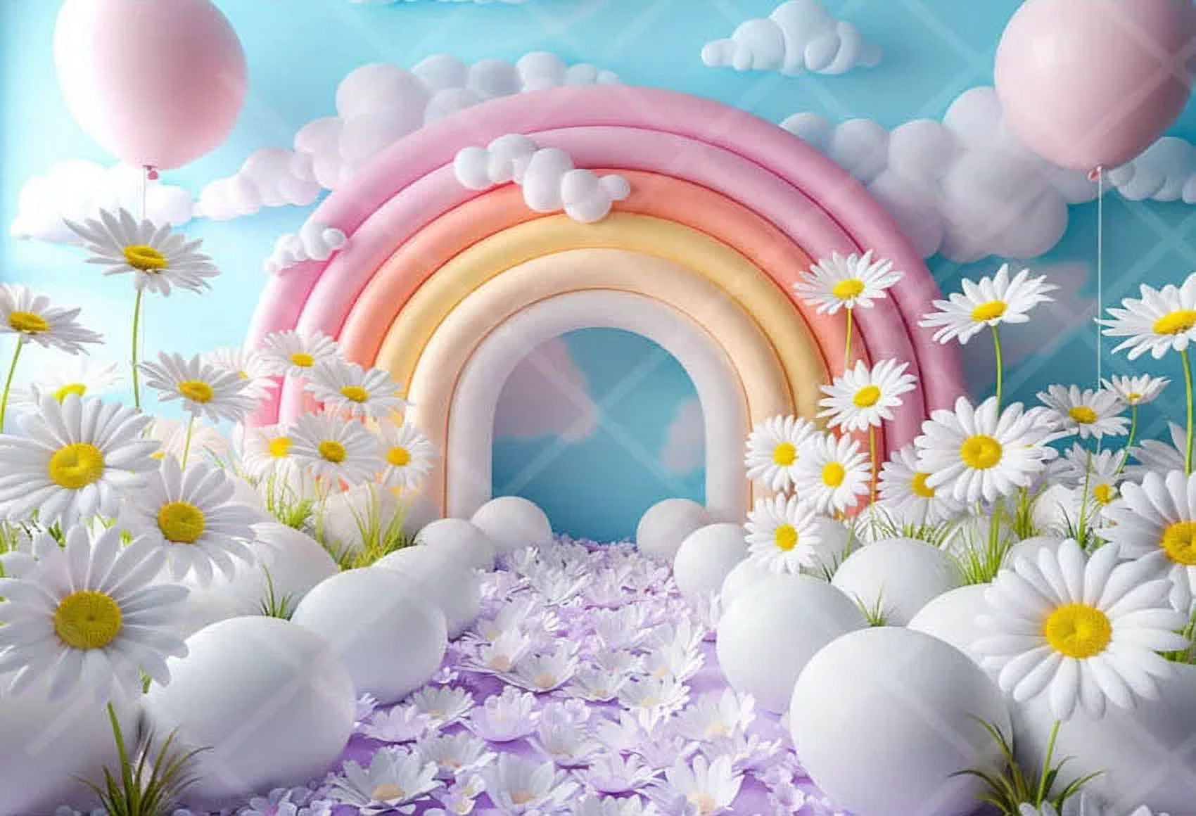 Boho Daisy Flowers Balloon Girl Birthday Party Cake Smash Portrait r ...