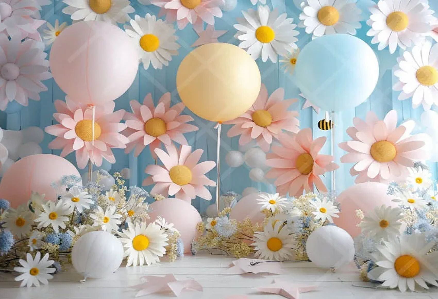 Boho Daisy Flowers Balloon Girl Birthday Party Cake Smash Portrait r ...