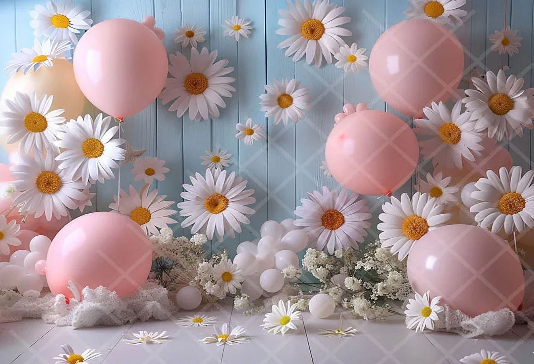 Boho Daisy Flowers Balloon Girl Birthday Party Cake Smash Portrait r ...