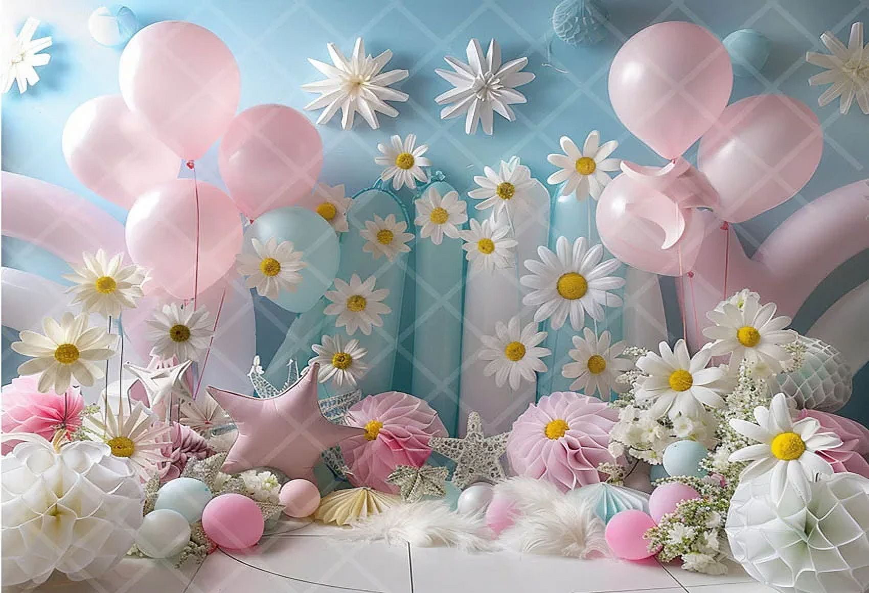 Boho Daisy Flowers Balloon Girl Birthday Party Cake Smash Portrait r ...