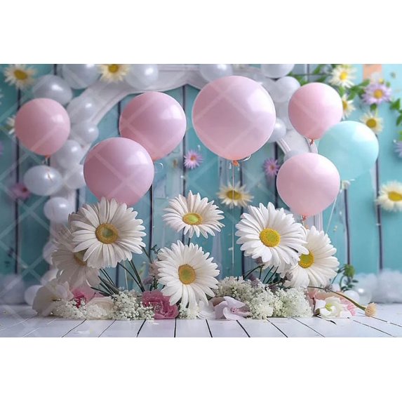 Boho Daisy Flowers Balloon Girl Birthday Party Cake Smash Portrait r ...