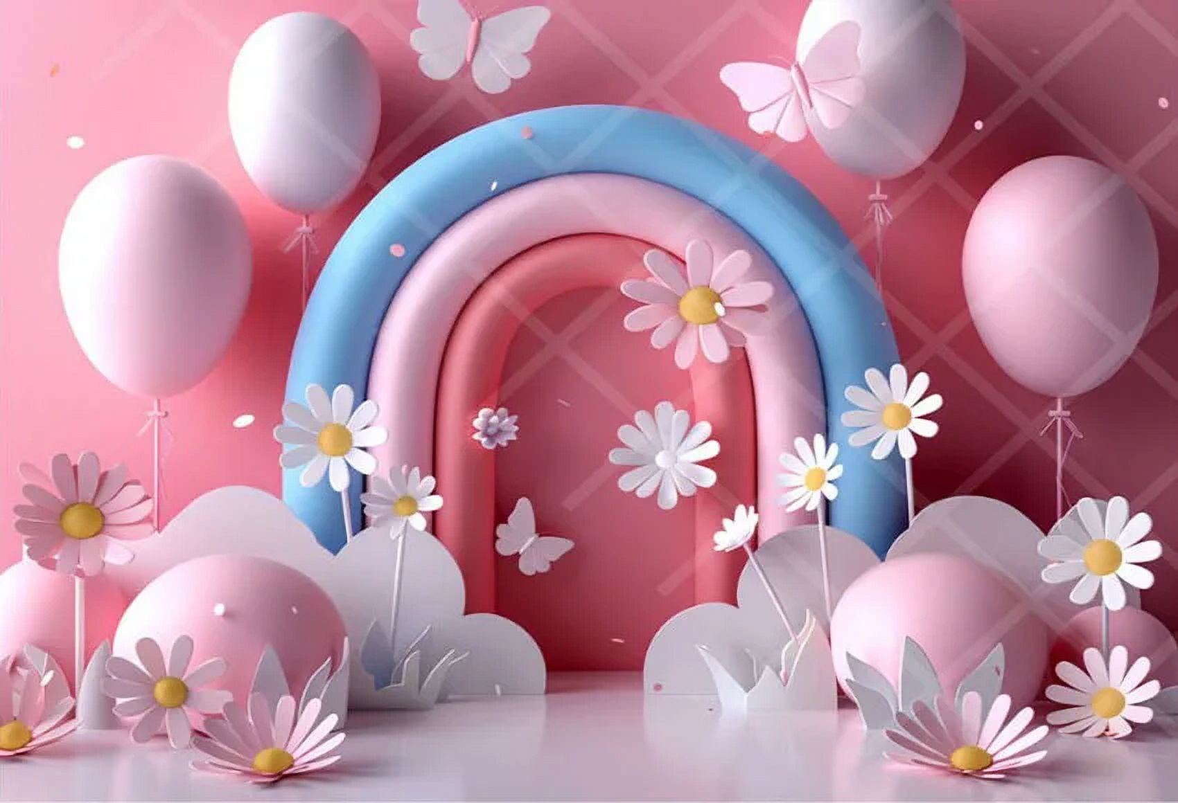 Boho Daisy Flowers Balloons Girls Birthday Party Cake Smash Portrait r ...