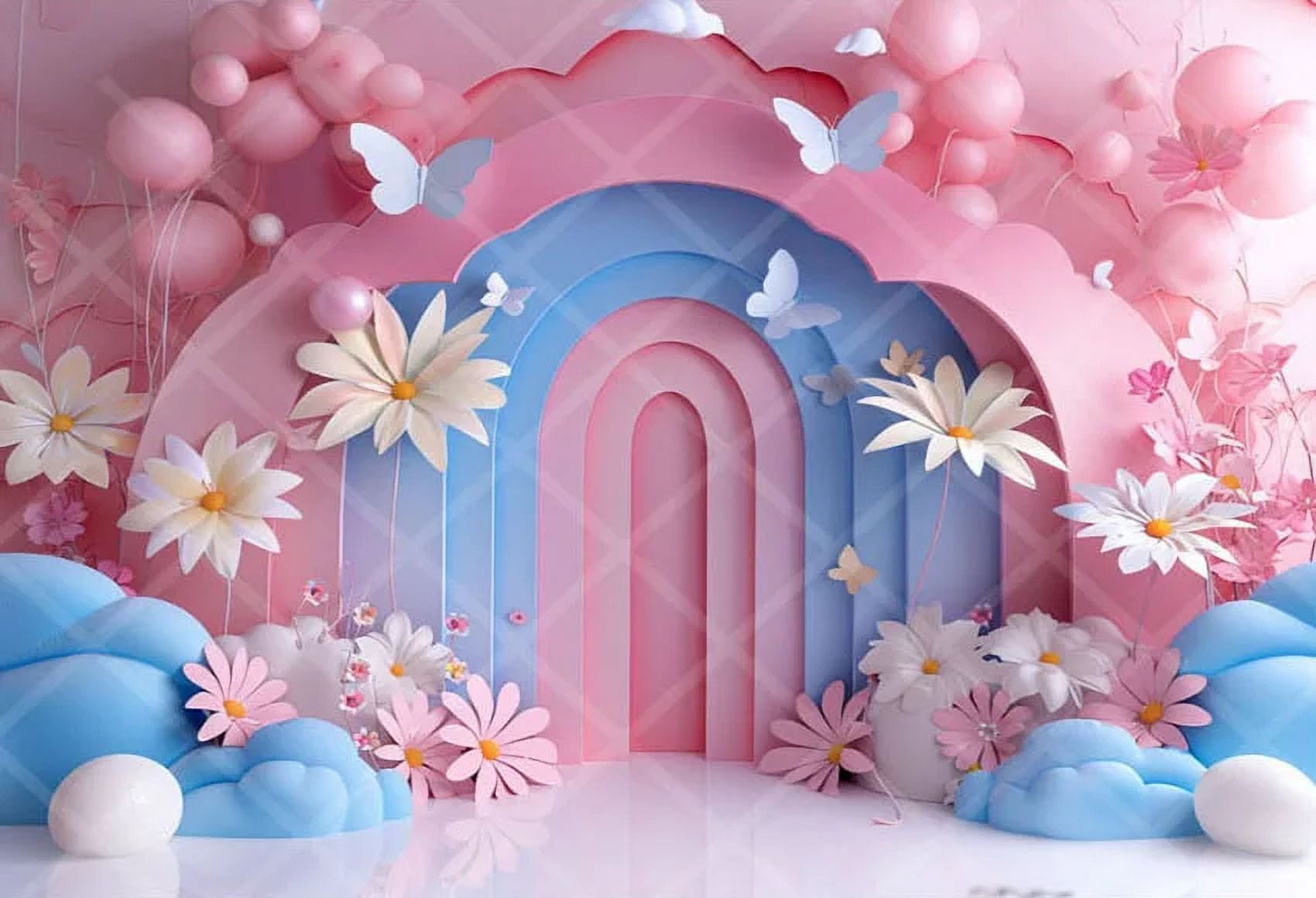 Boho Daisy Flowers Balloons Girls Birthday Party Cake Smash Portrait r ...