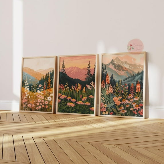 Boho Daisy Mountain Sunset Landscape Art Print Set: Earth Tones ...