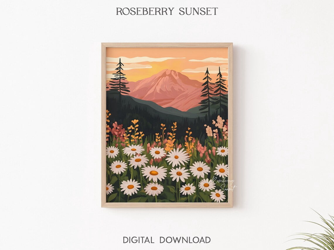 Boho Daisy Mountain Sunset Landscape Painting Art Print, Earth Tones ...