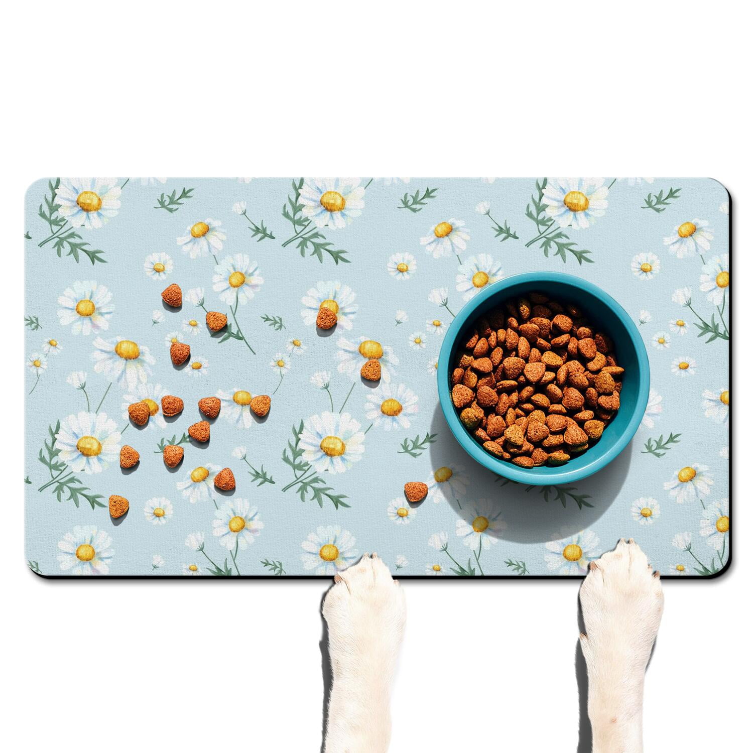 Boho Daisy Print Dog Food Mat, Absorbent Pet Feeding Mat with Non-Slip ...