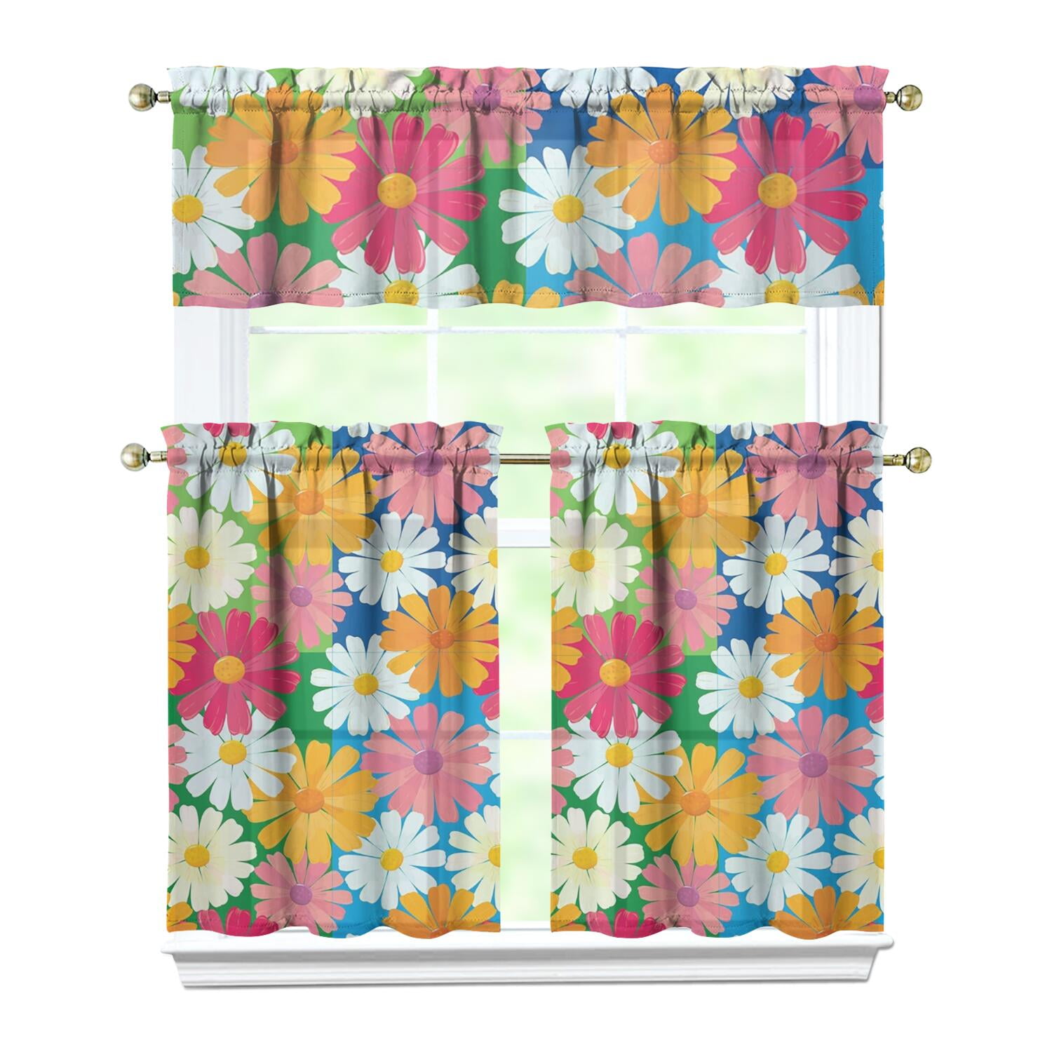 Boho Daisy Tier Curtains Set of 3 - Floral Retro Kitchen Window ...