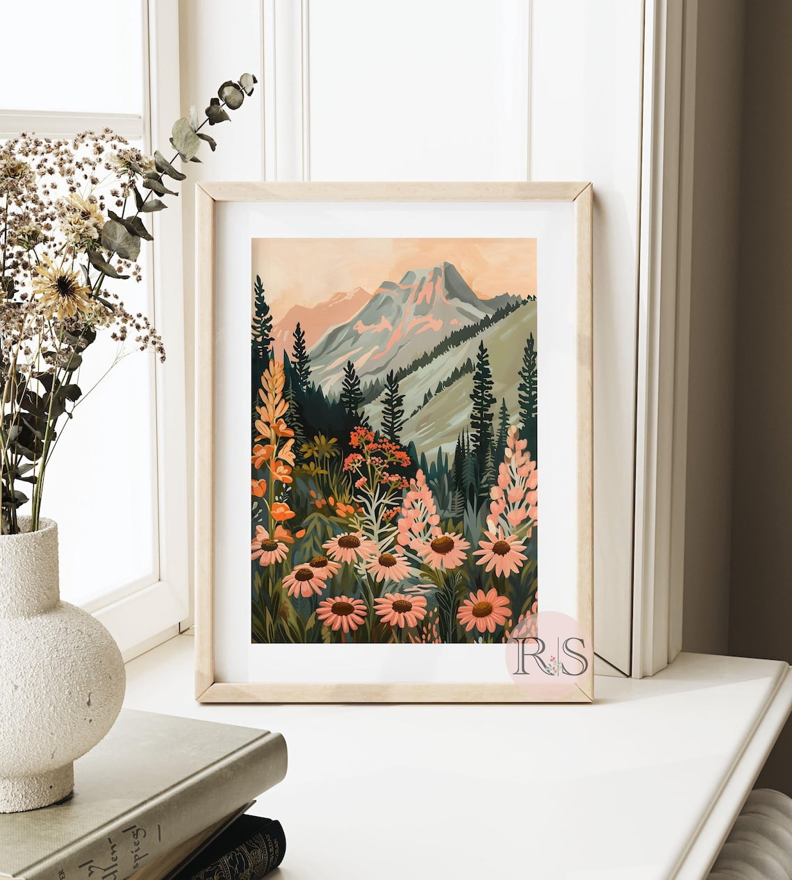 Boho Daisy Wildflower Mountain Sunset Landscape Painting Art Print ...