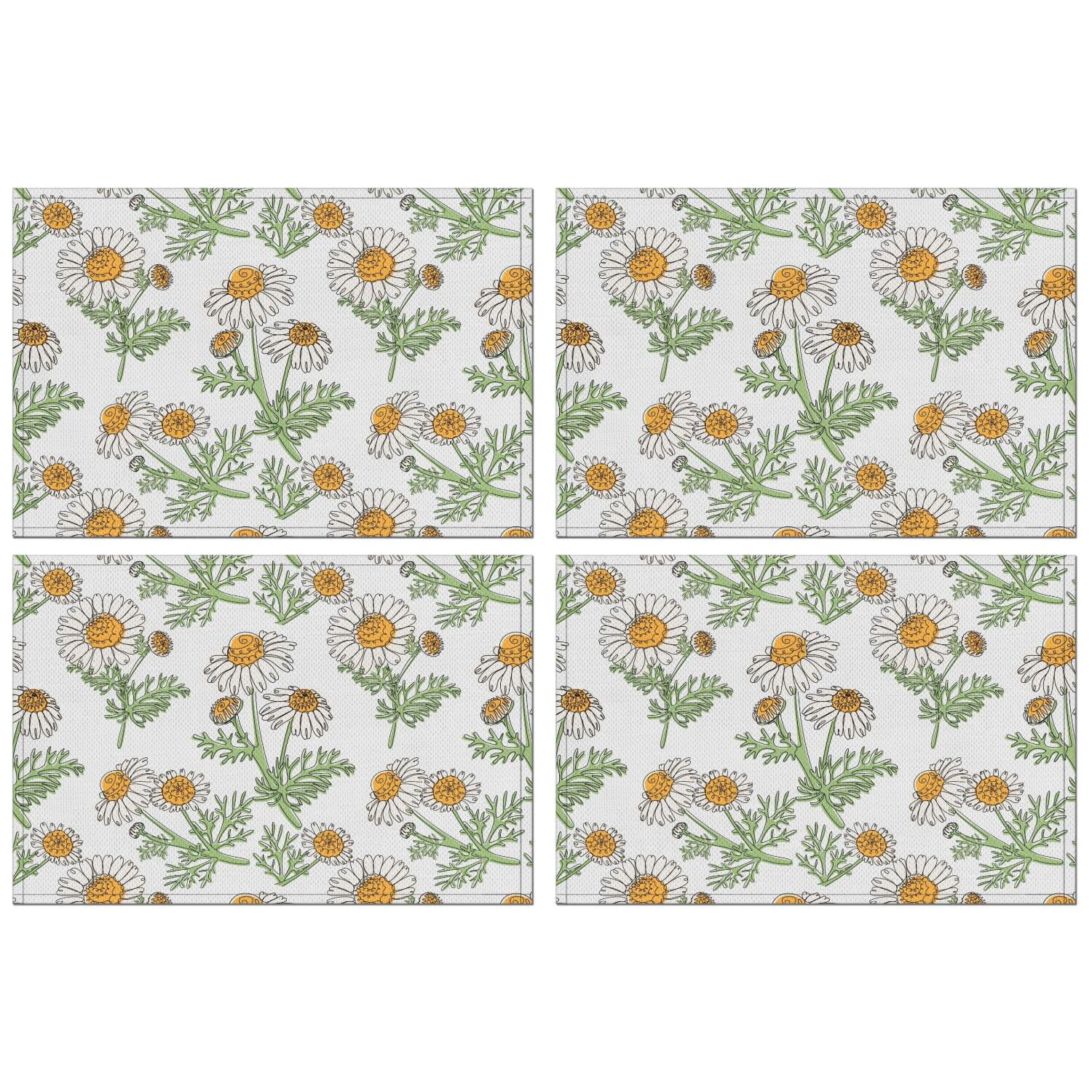 Boho Daisy Yellow Floral Placemats Set of 4, 12x18 Inch Vintage Linen ...