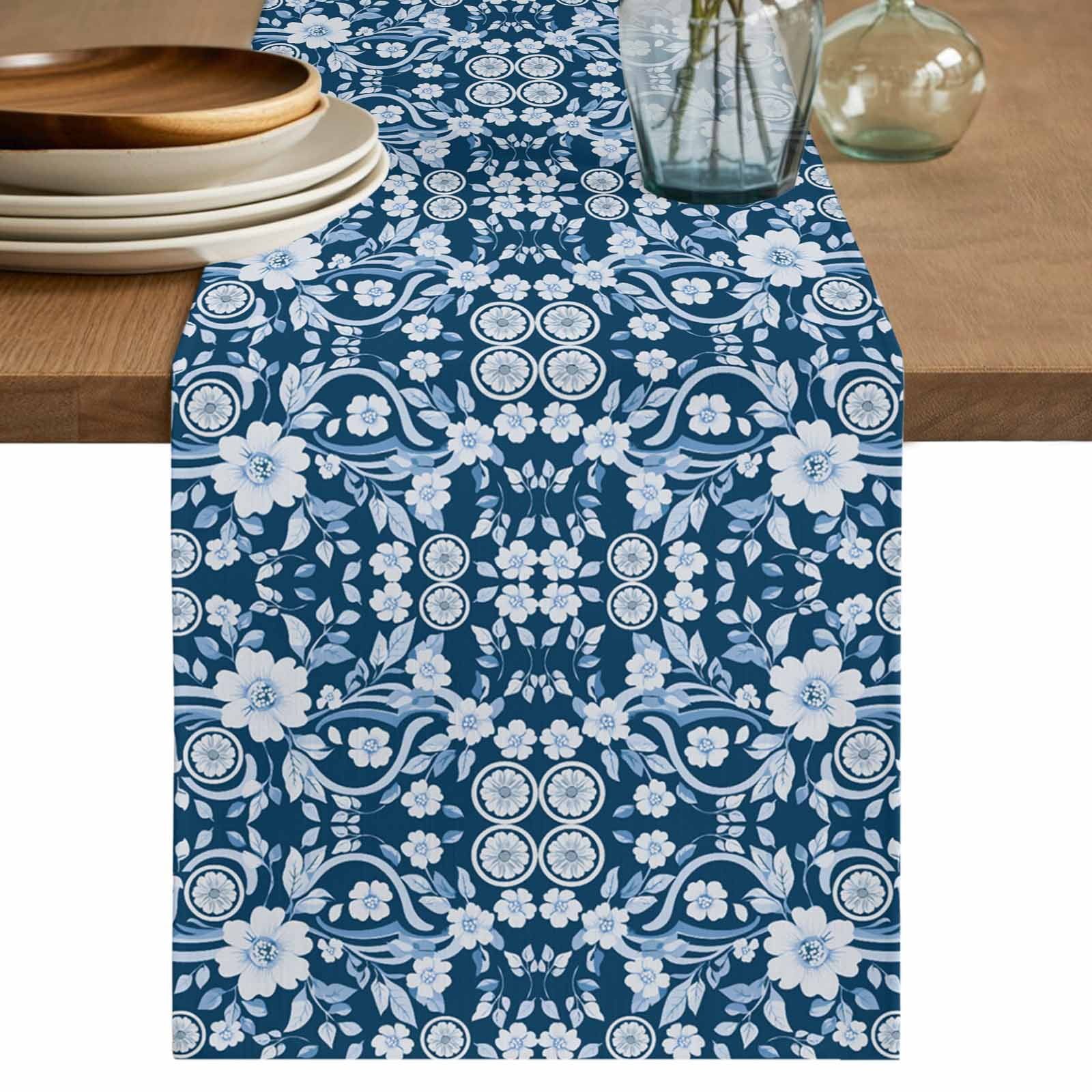 Boho Dark Blue Table Runner, Vintage Leaf Abstract Flower Branch Cotton ...