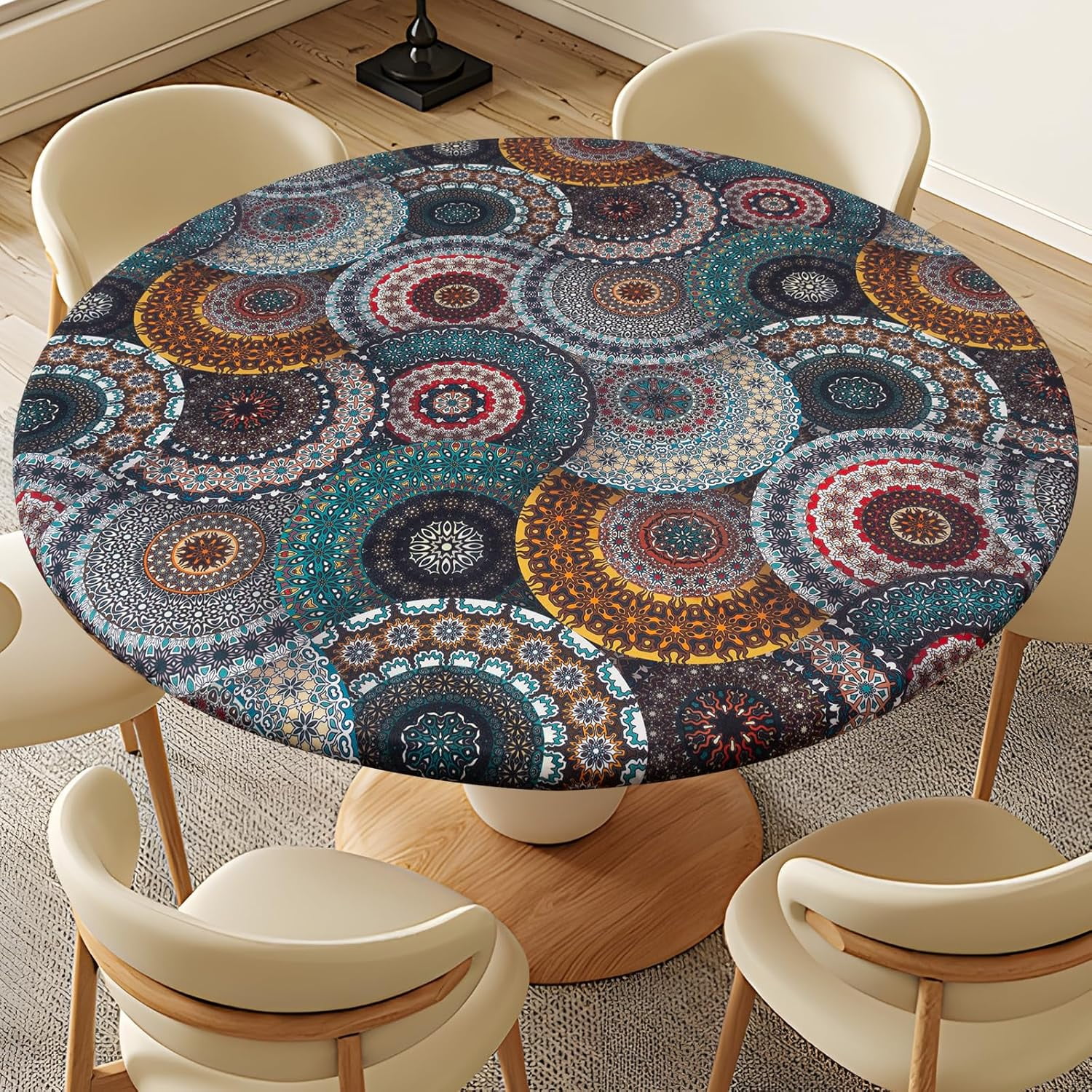 Boho Datura Circular Pattern Tablecloth Fitted Elastic Watercolor ...