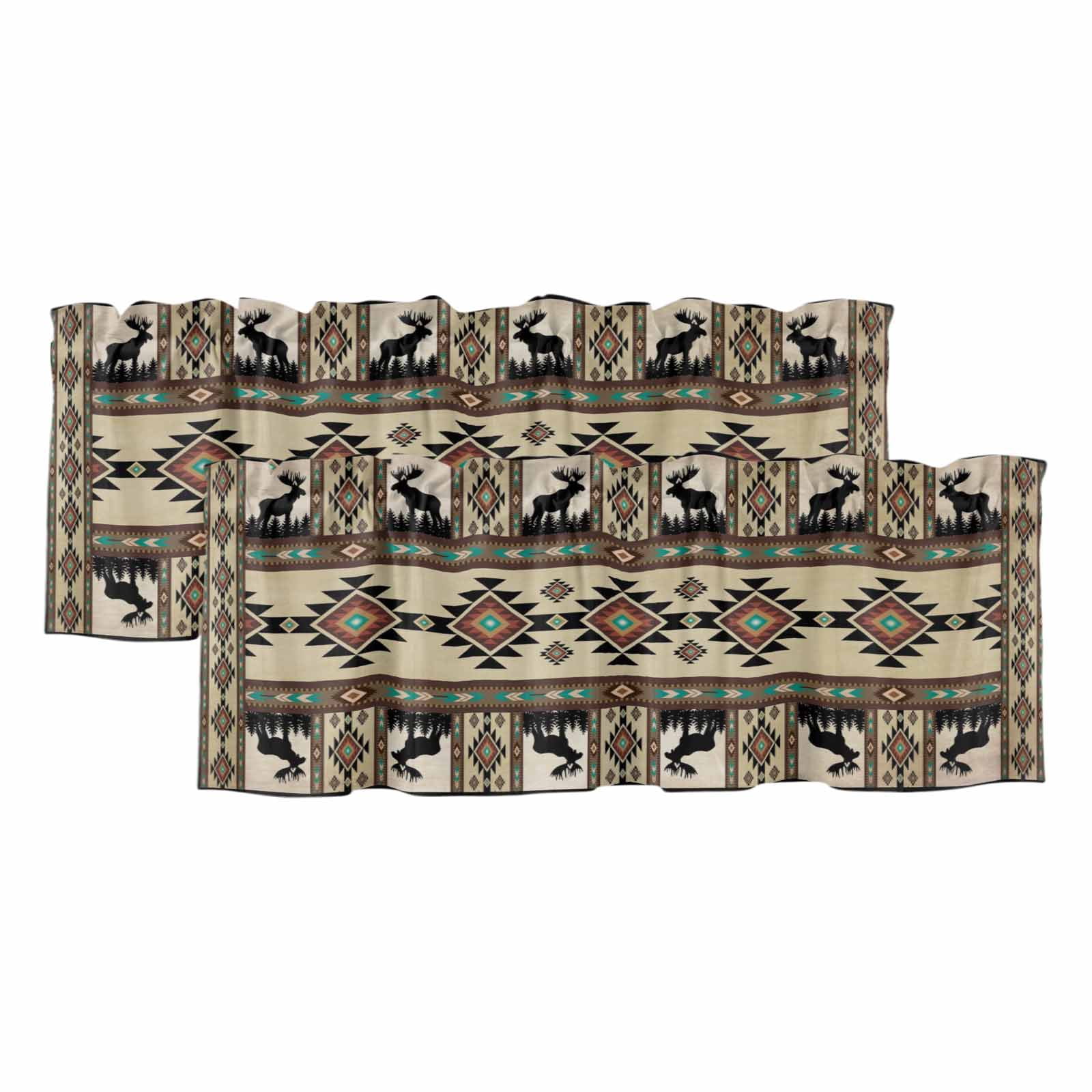 Boho Deer 2 Panels Kitchen Valance, Elk Hunting Forest Aztec Bohemian ...