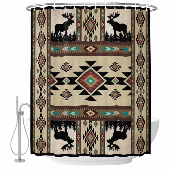 Boho Deer Bathroom Shower Curtains with Hooks, Elk Hunting Forest Aztec ...