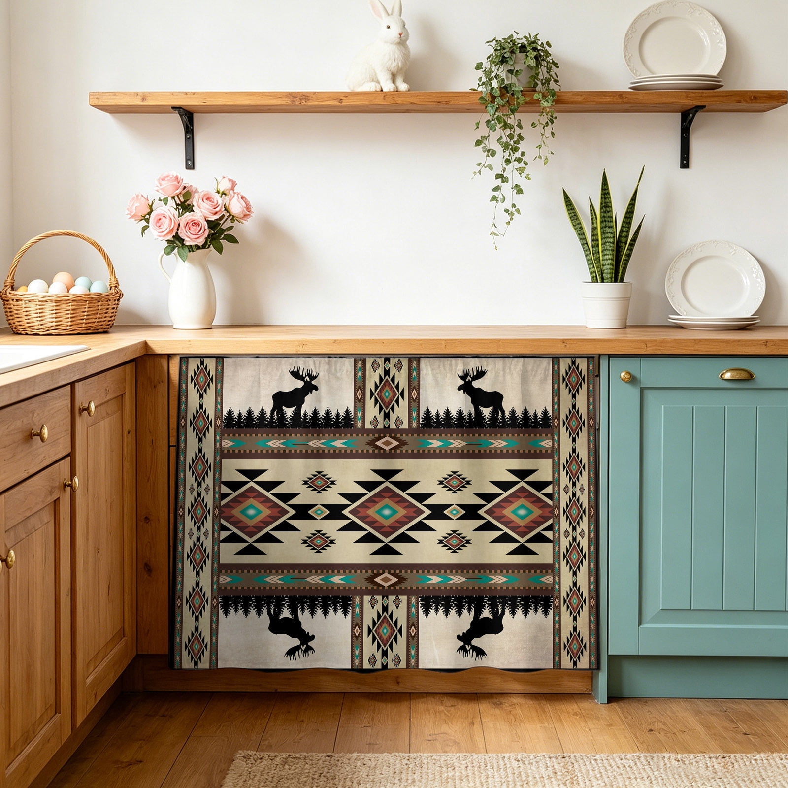 Boho Deer Cabinet Curtains 28" W x 35" L Elk Hunting Forest Aztec ...
