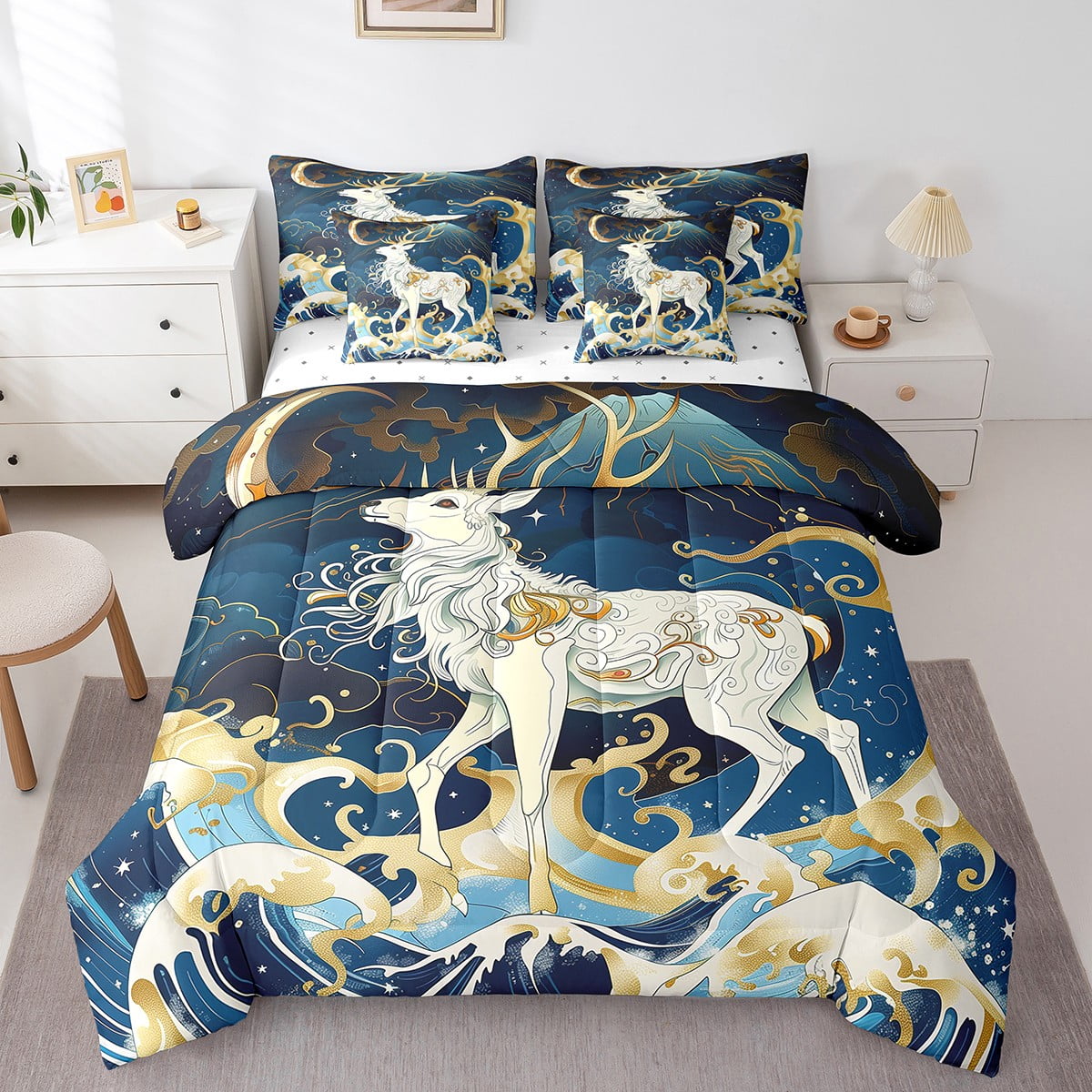 Boho Deer Moose Bed in a Bag 7 Pieces Bohemian Animal Bedding Set, Blue ...