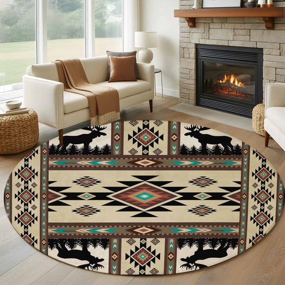 Boho Deer Round Living Room Rugs 6 ft, Elk Hunting Forest Aztec ...