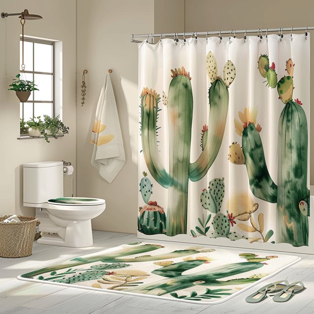 Boho Desert Cactus Bathroom Set Watercolor Effect Shower Curtain