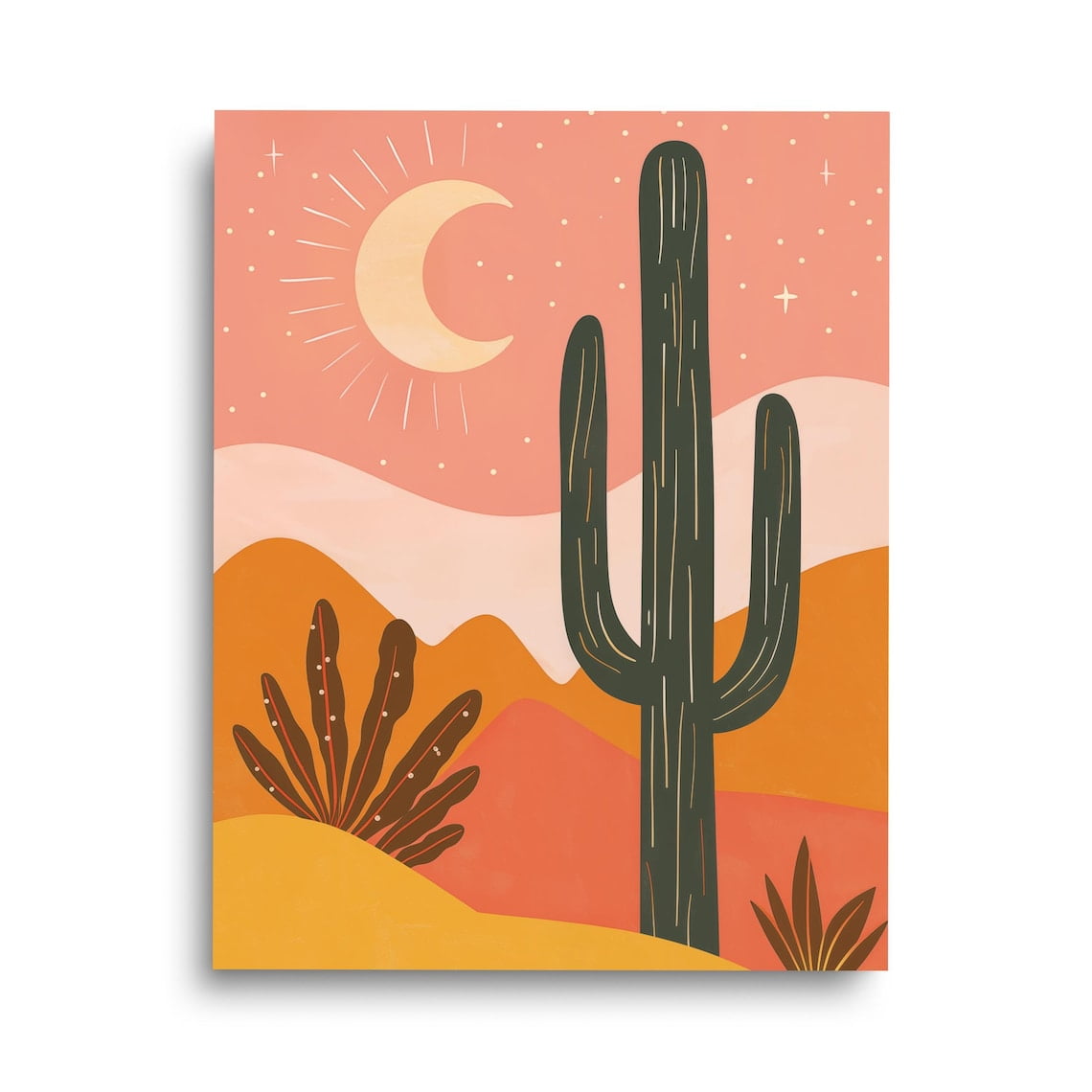 Boho Desert Cactus Print, Rainbow Landscape Scene, Crescent Moon Art ...