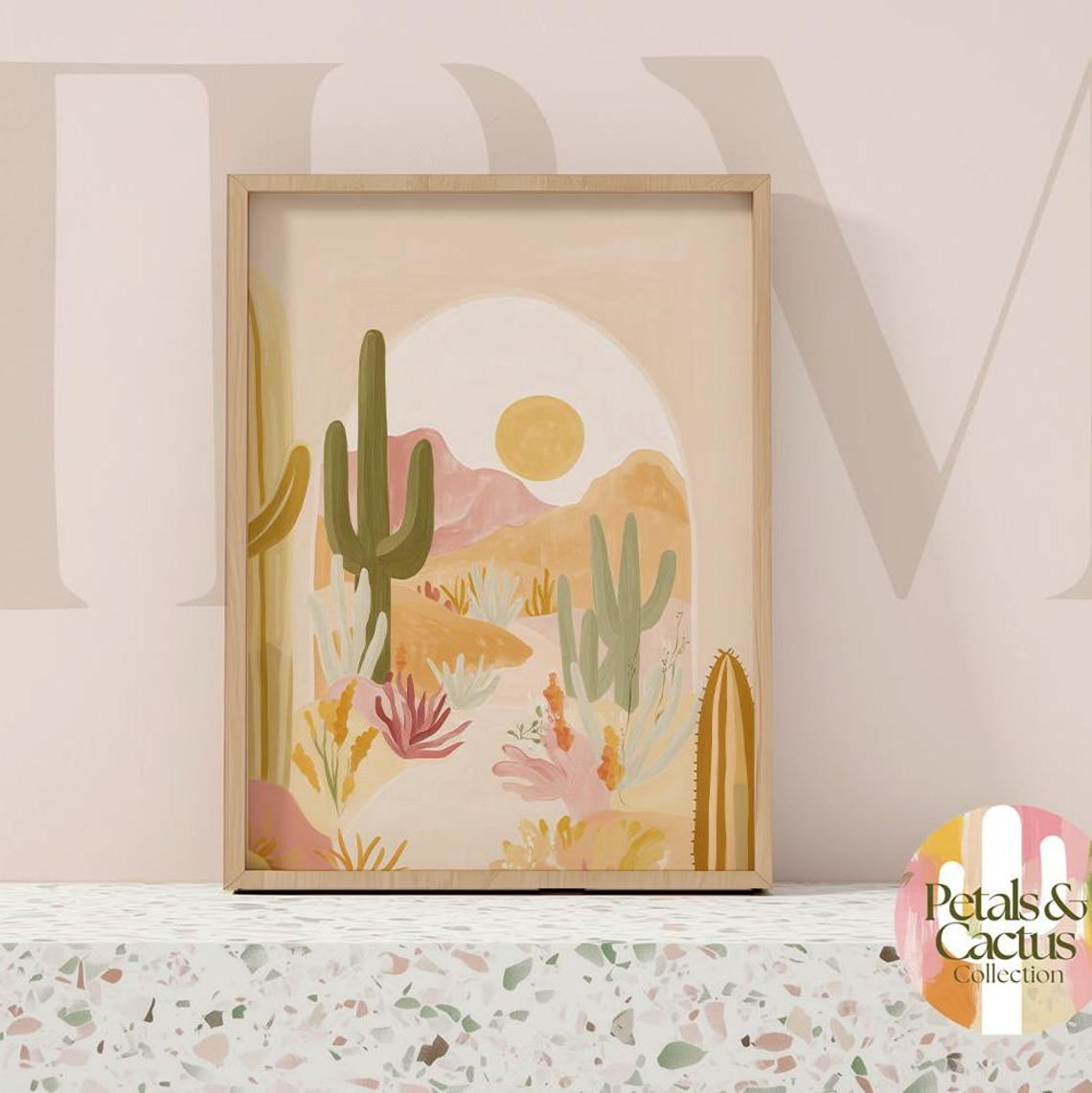 Boho Desert Landscape Art Print, Minimalist Terracotta Artwork, Cactus ...