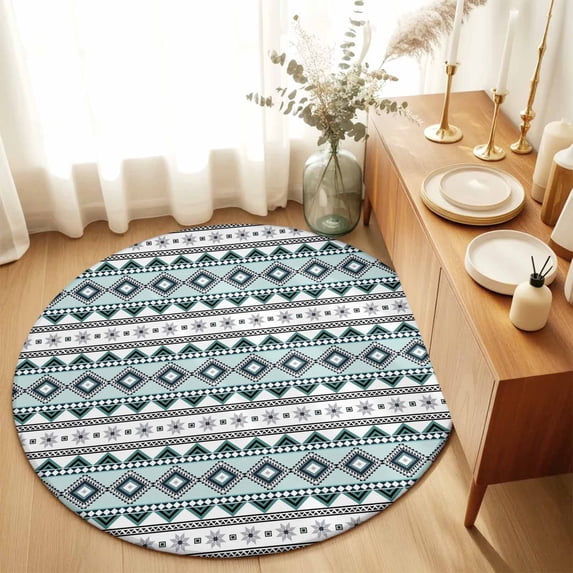 Boho Diamond Pattern Round Rug 3ft Ethnic Style Blue Strips Washable ...