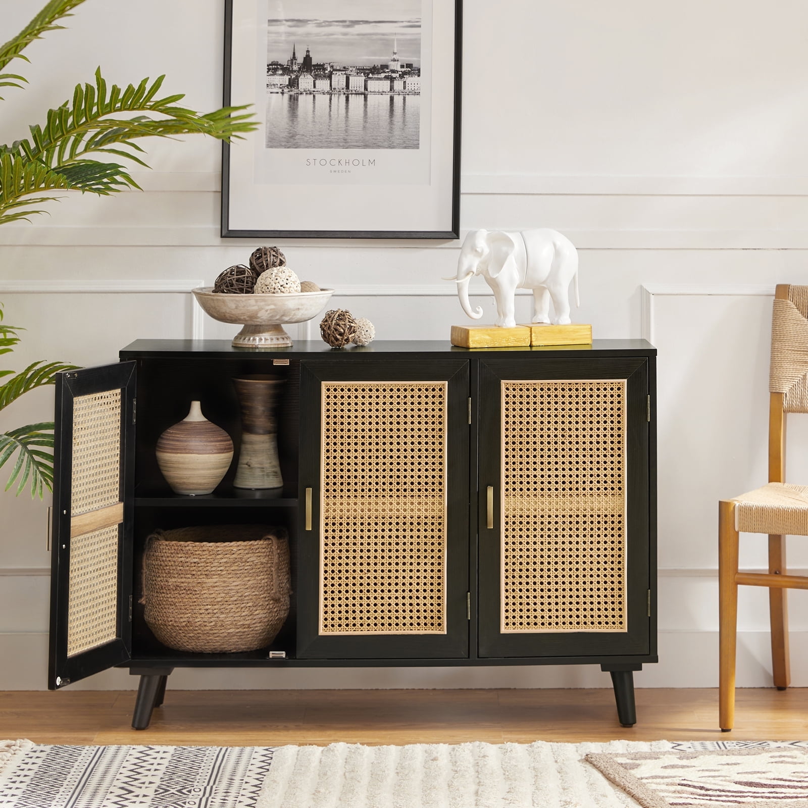 Boho Wooden 3 Door Sideboard Buffet with Rattan Doors Storage Cabinet Black