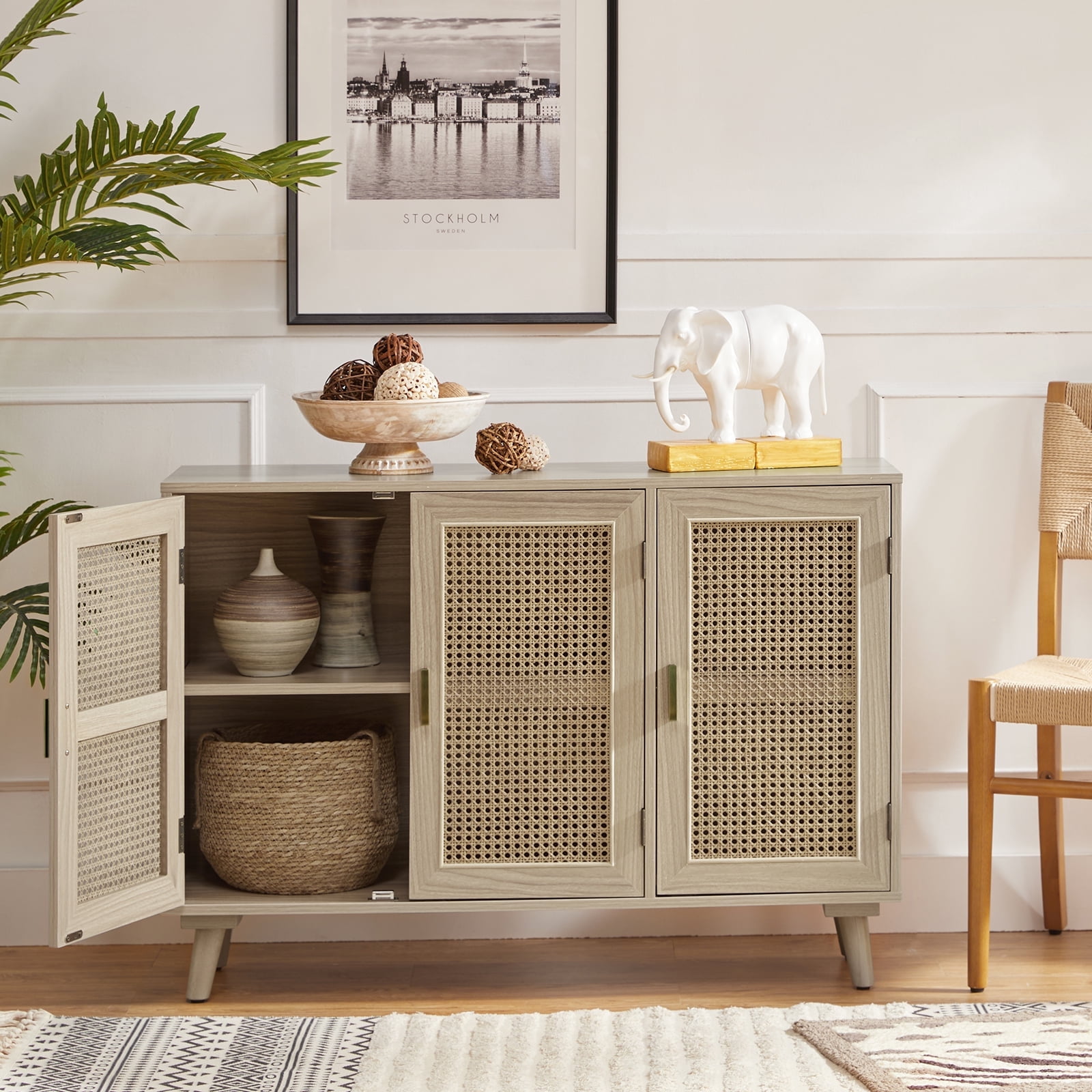 "Boho Vintage Wooden Accent 43"" Rattan Storage Cabinet, 3 Doors ...