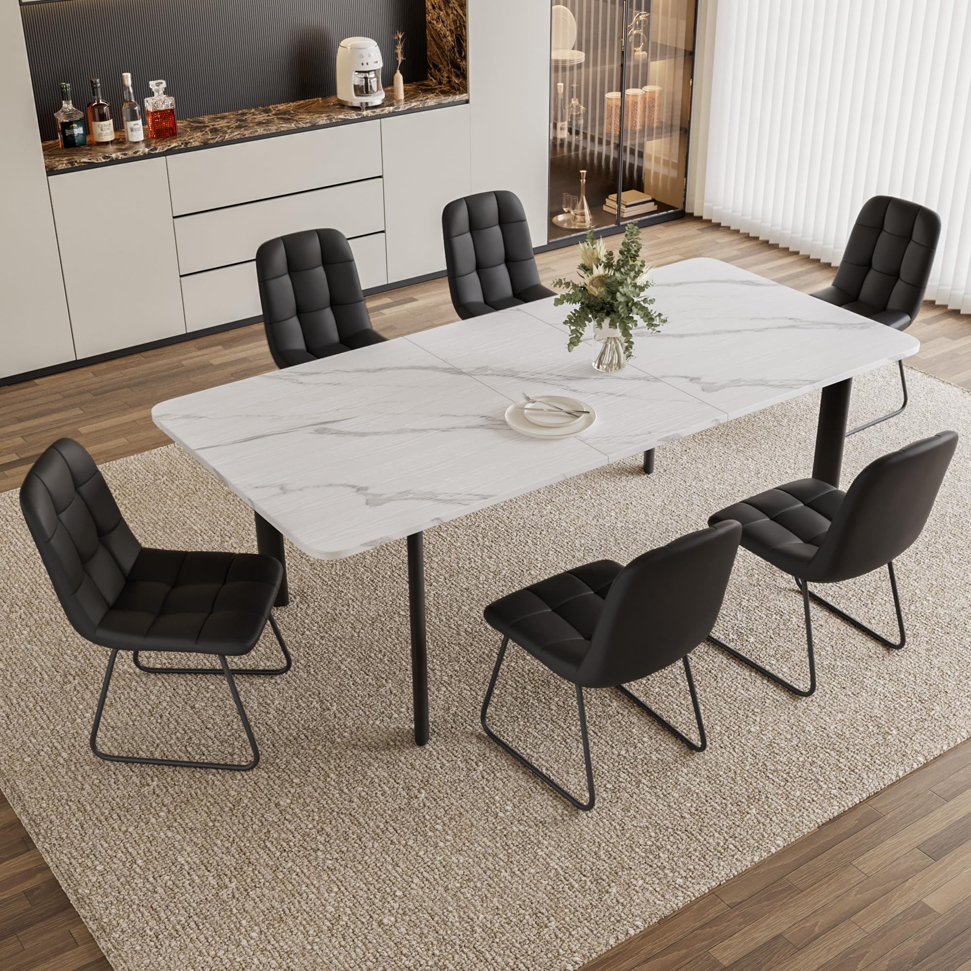 Boho Dining Table Chairs Set of 6, Tempered Glass Tabletop with Rattan ...