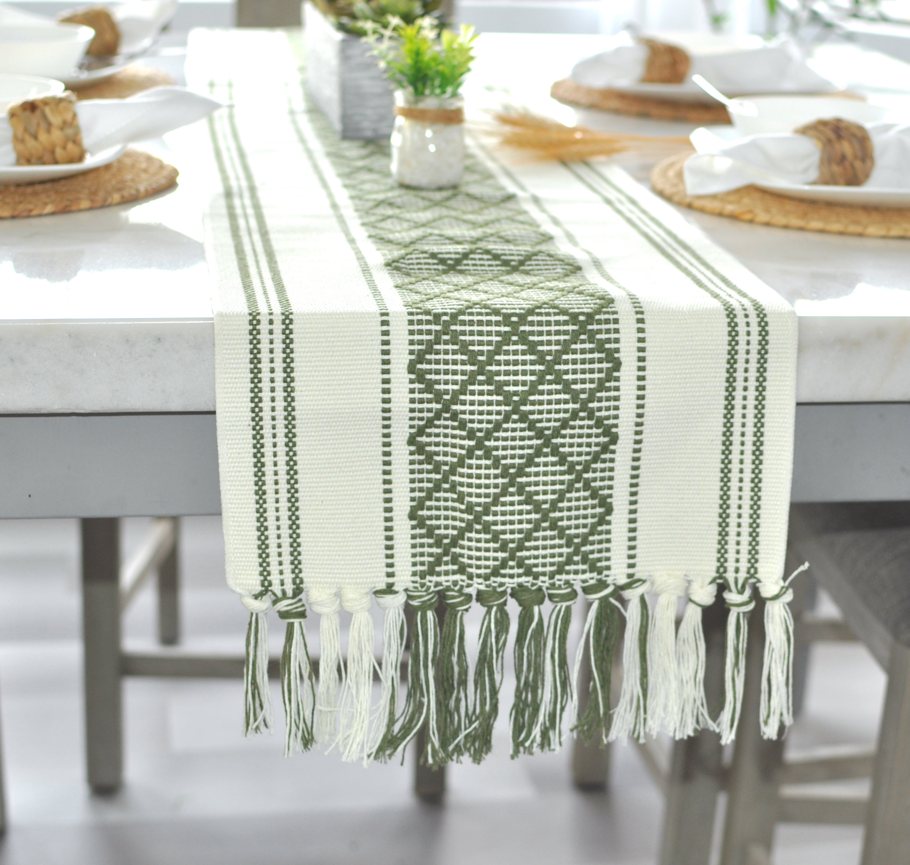 Boho Dining Table Runner with Tassels 14 x 72 Inches, Olive Green & Off ...