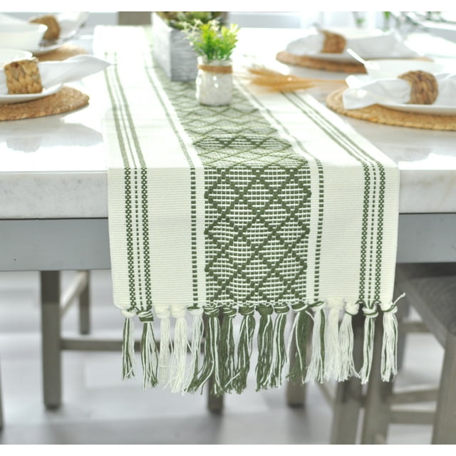 Boho Dining Table Runner with Tassels 14 x 72 Inches, Olive Green & Off ...