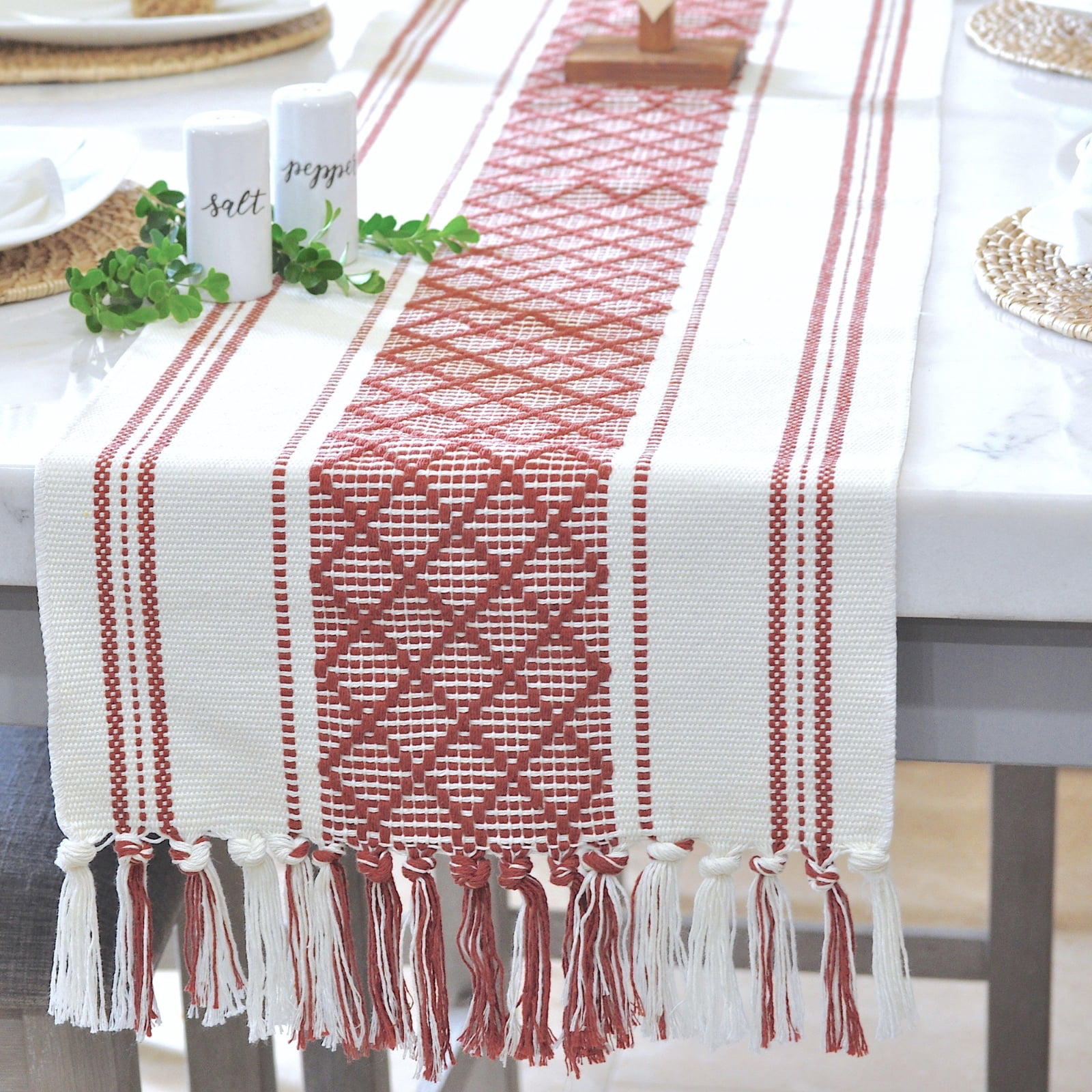 Boho Dining Table Runner with Tassels 14 x 72 Inches, Rust Brown and ...
