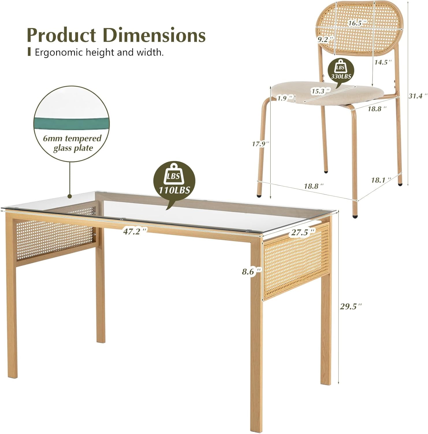 Boho Dining Table Set of 4 with Tempered Glass Top and Rattan Chairs ...