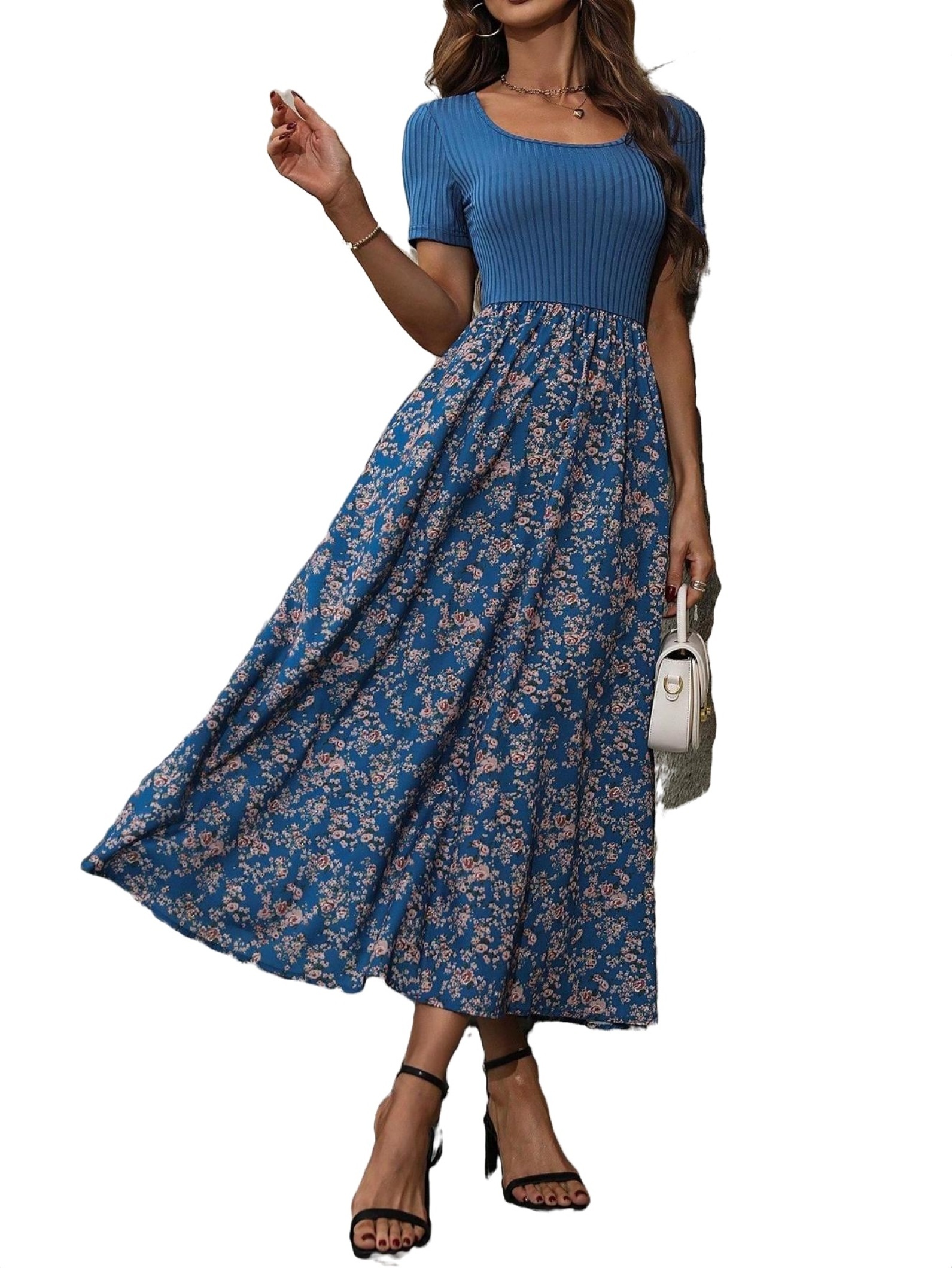 Boho Ditsy Floral A Line Dress Scoop Neck Blue Women Dresses - Walmart.com