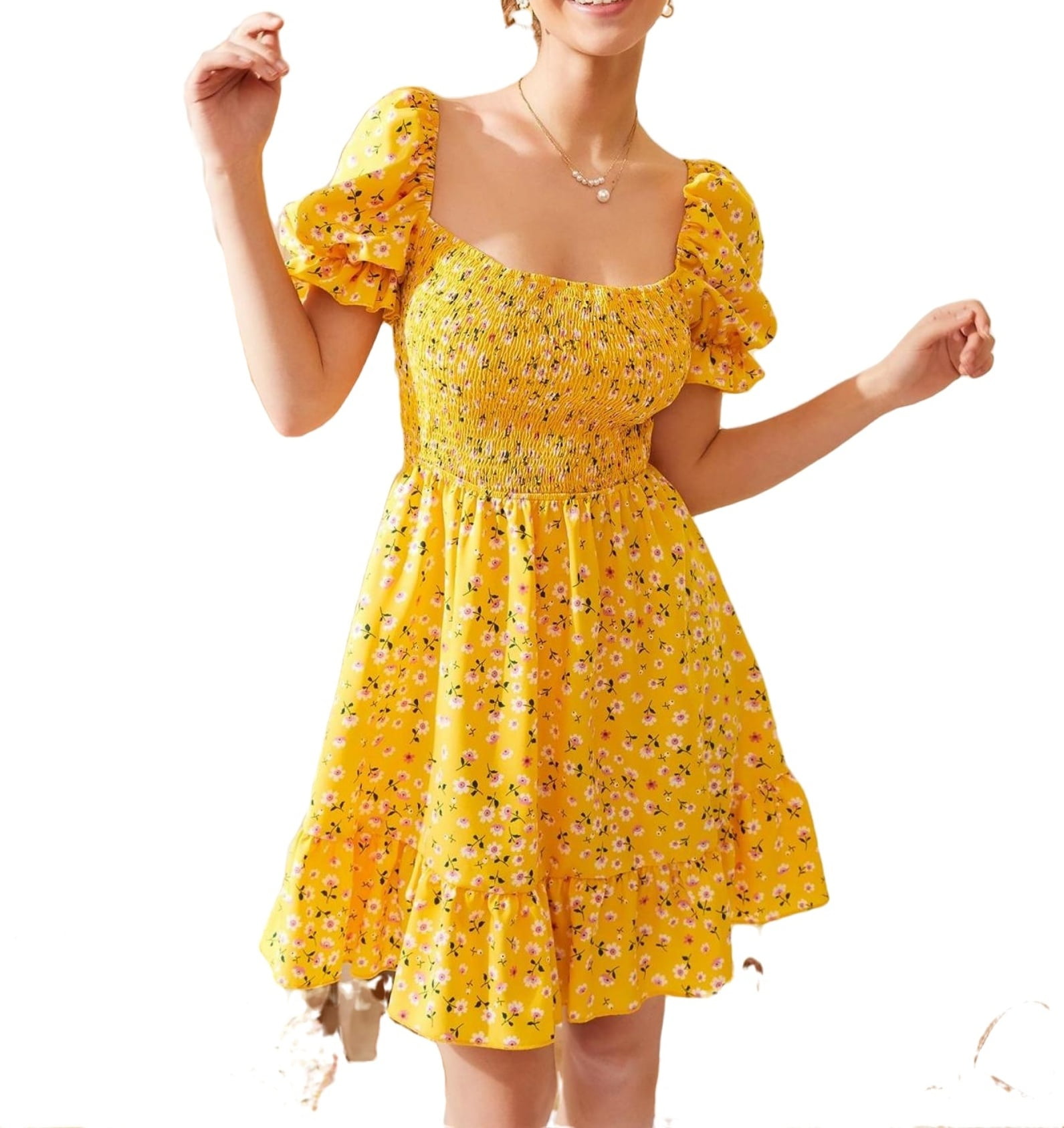 Boho Ditsy Floral A Line Dress Square Neck Yellow Women Dresses ...