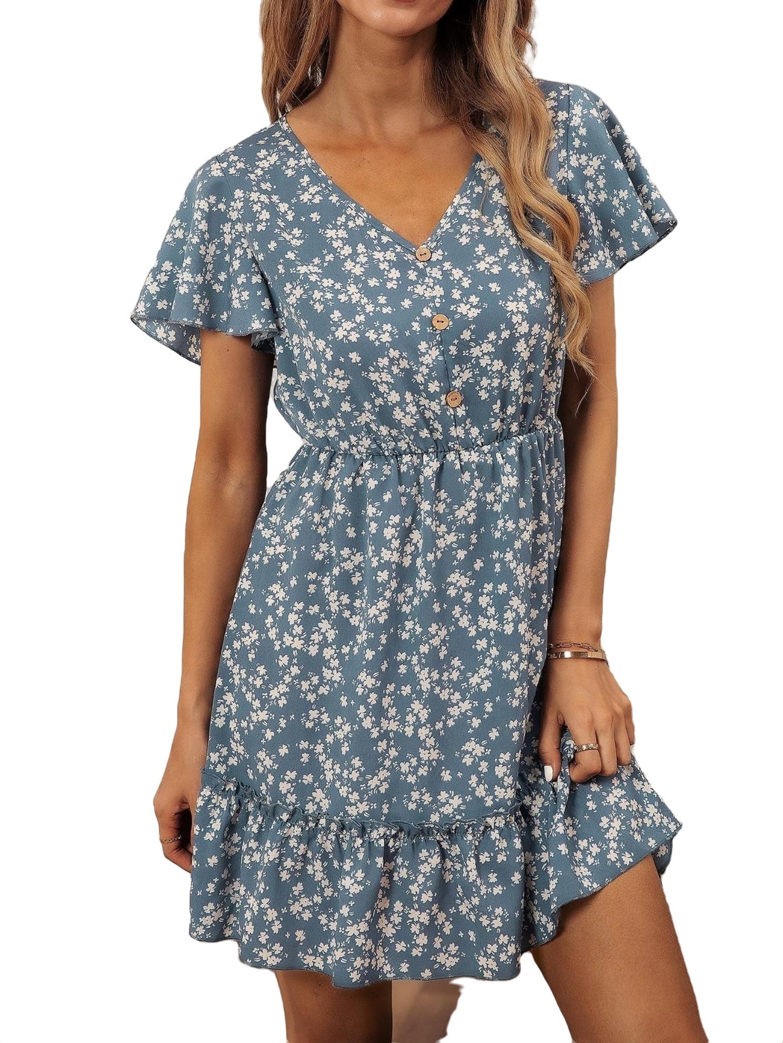 Boho Ditsy Floral A Line Dress V neck Dusty Blue Women Dresses ...