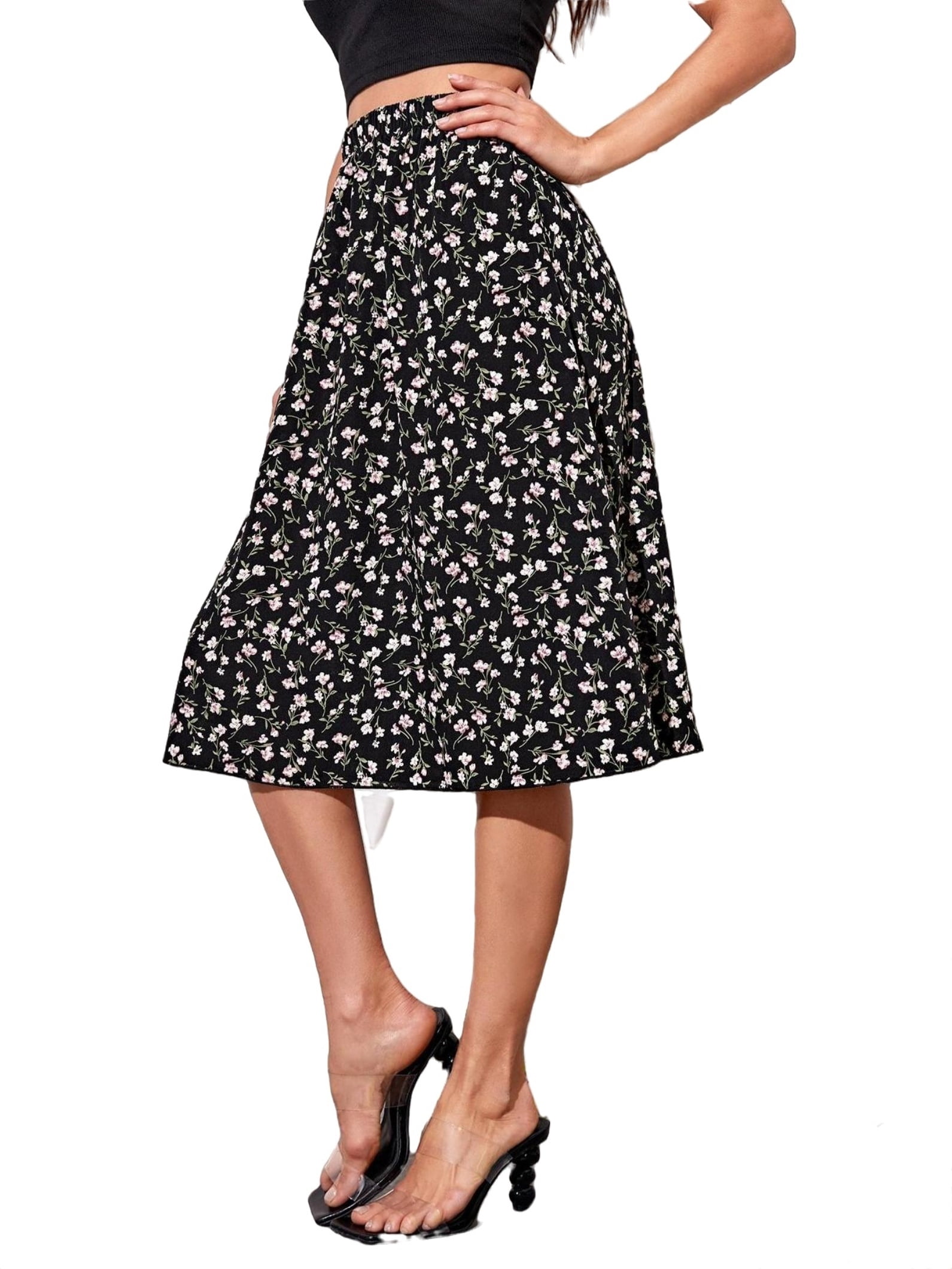 Boho Ditsy Floral Print Flared Skirt Multicolor Womens Skirts (Women's ...