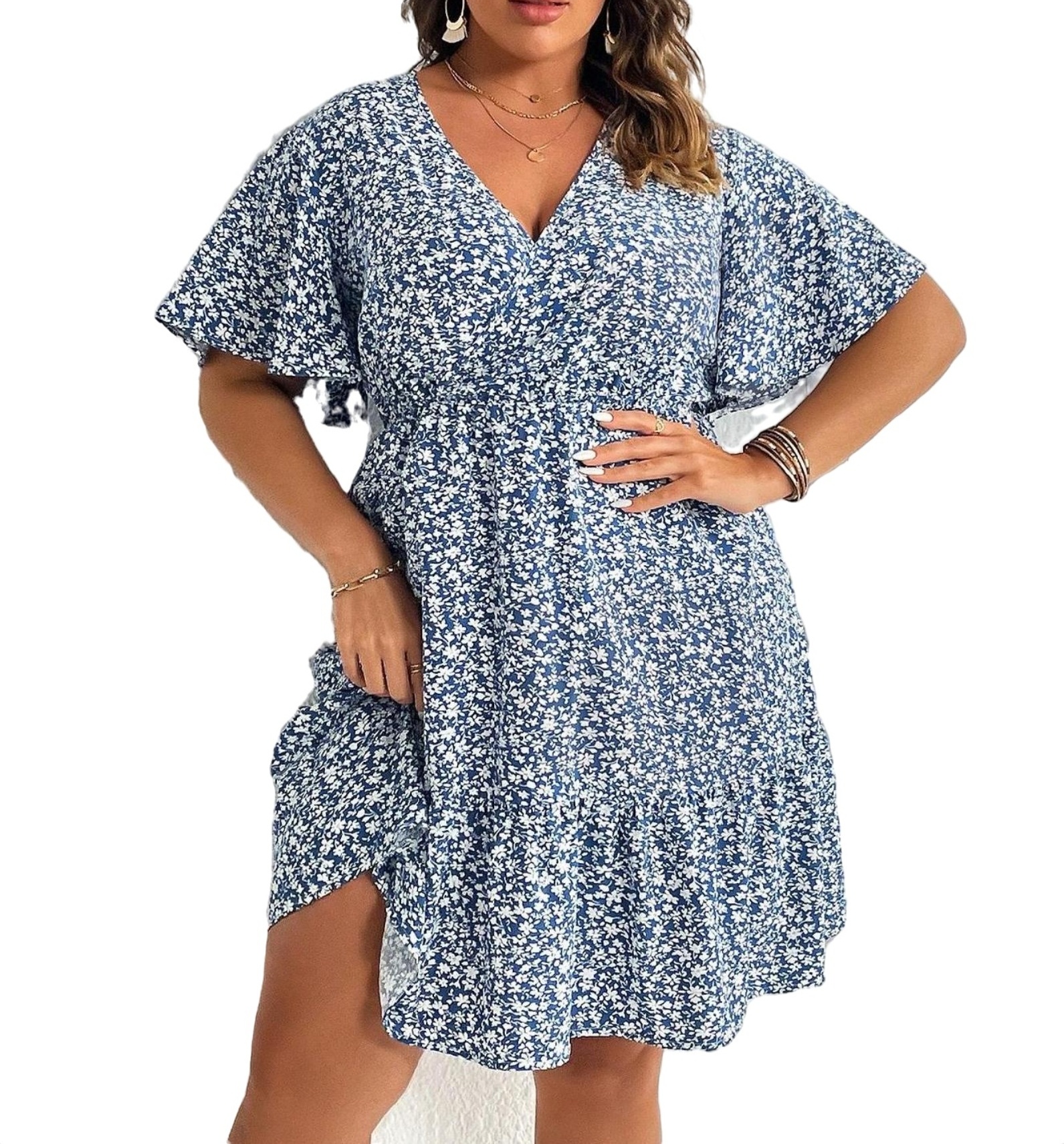 Boho Ditsy Floral Print V neck A Line Short Sleeve Blue Plus Size ...
