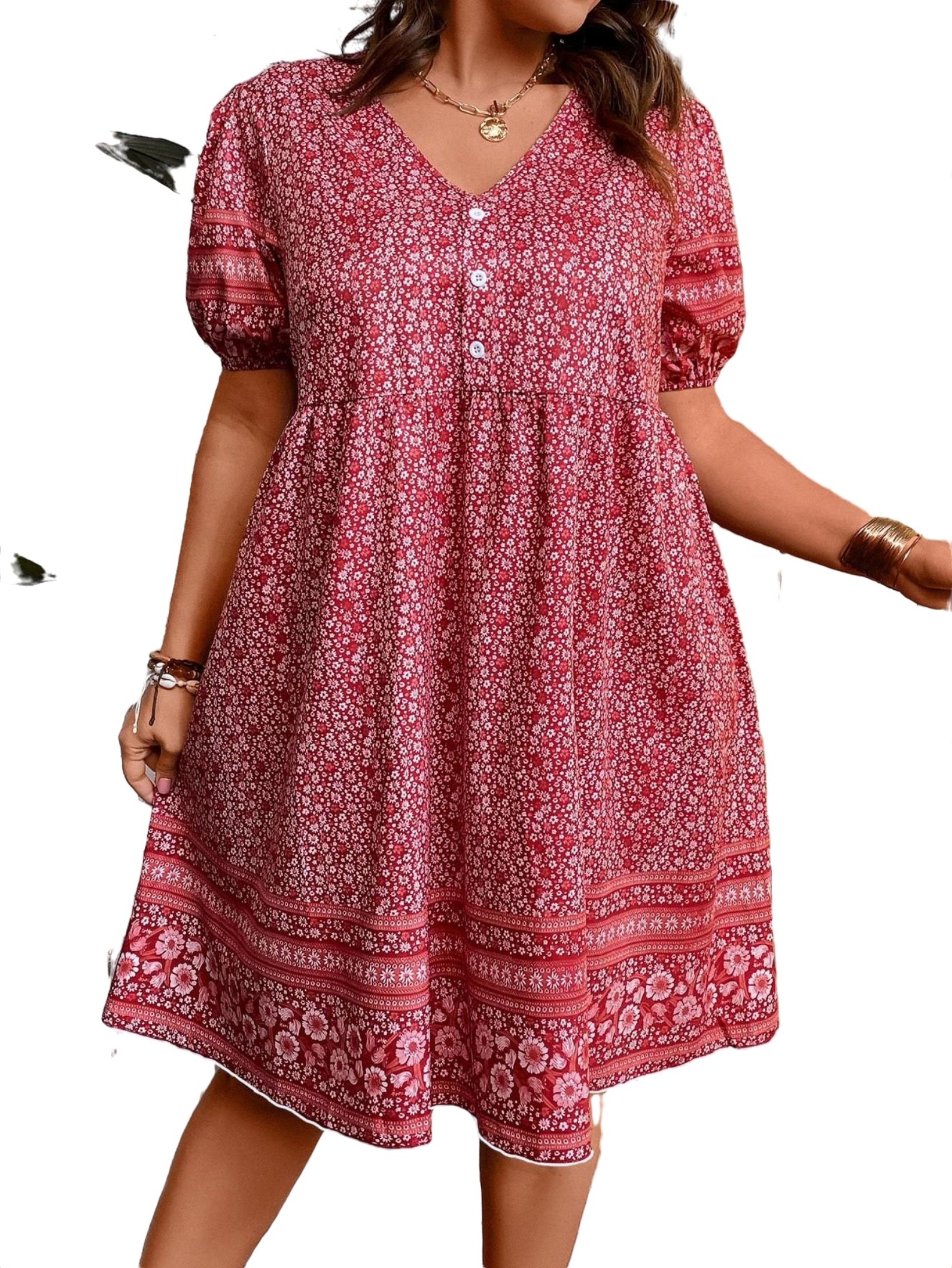 Boho Ditsy Floral Print V neck Smock Short Sleeve Red Plus Size Dresses (Women's) - Walmart.com