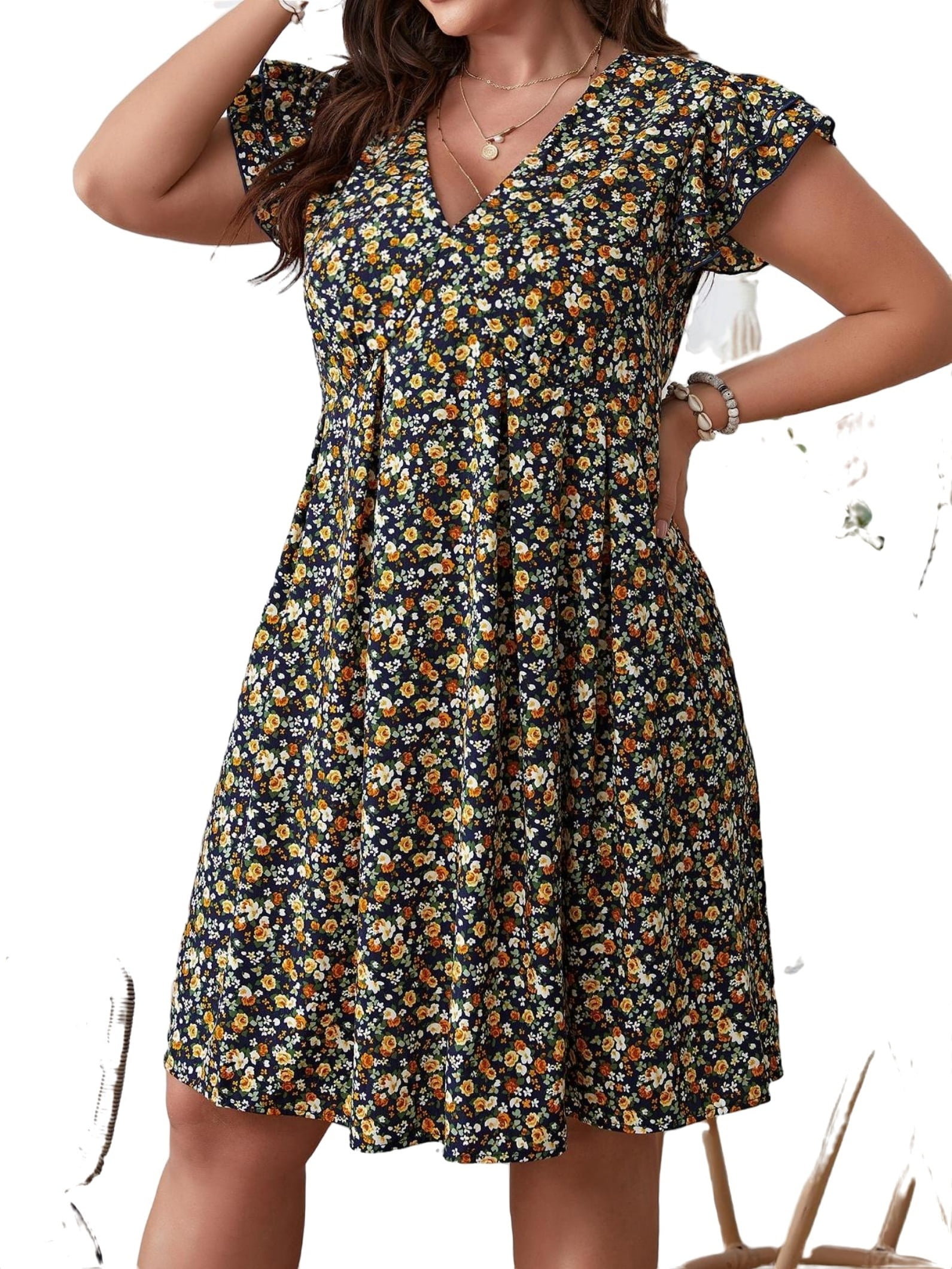 Boho Ditsy Floral Print V neck Smock Sleeveless Multicolor Plus Size Dresses (Women's) - Walmart.com