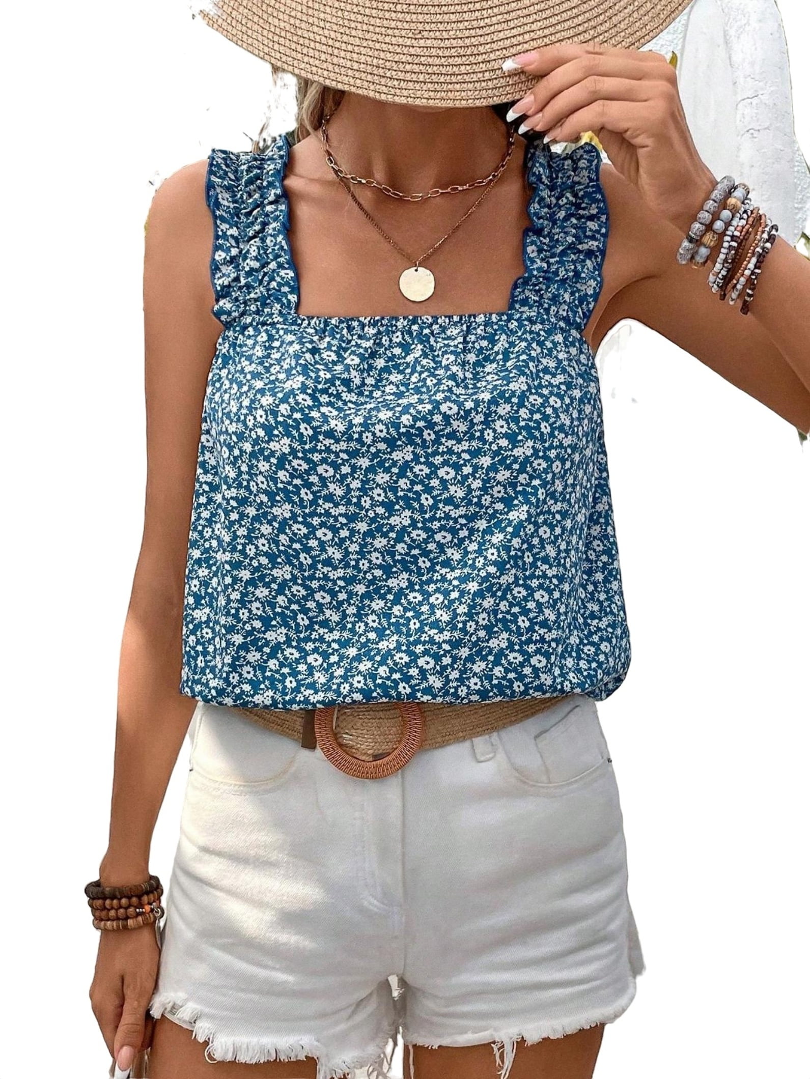 Boho Ditsy Floral Print Wide Strap Top Blue Women Tank Tops & Camis ...