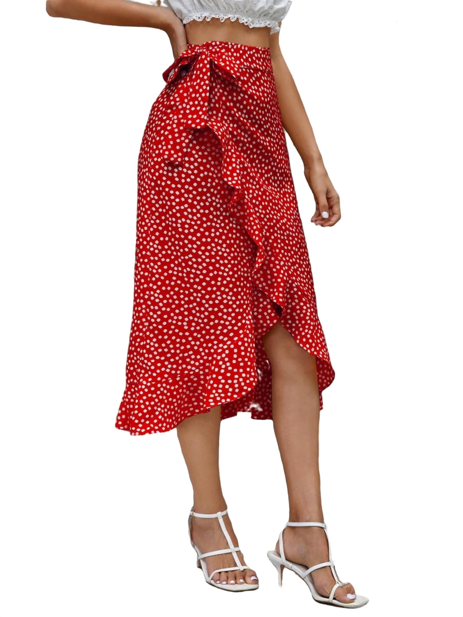 Boho Ditsy Floral Wrap Skirts Red Women Skirts