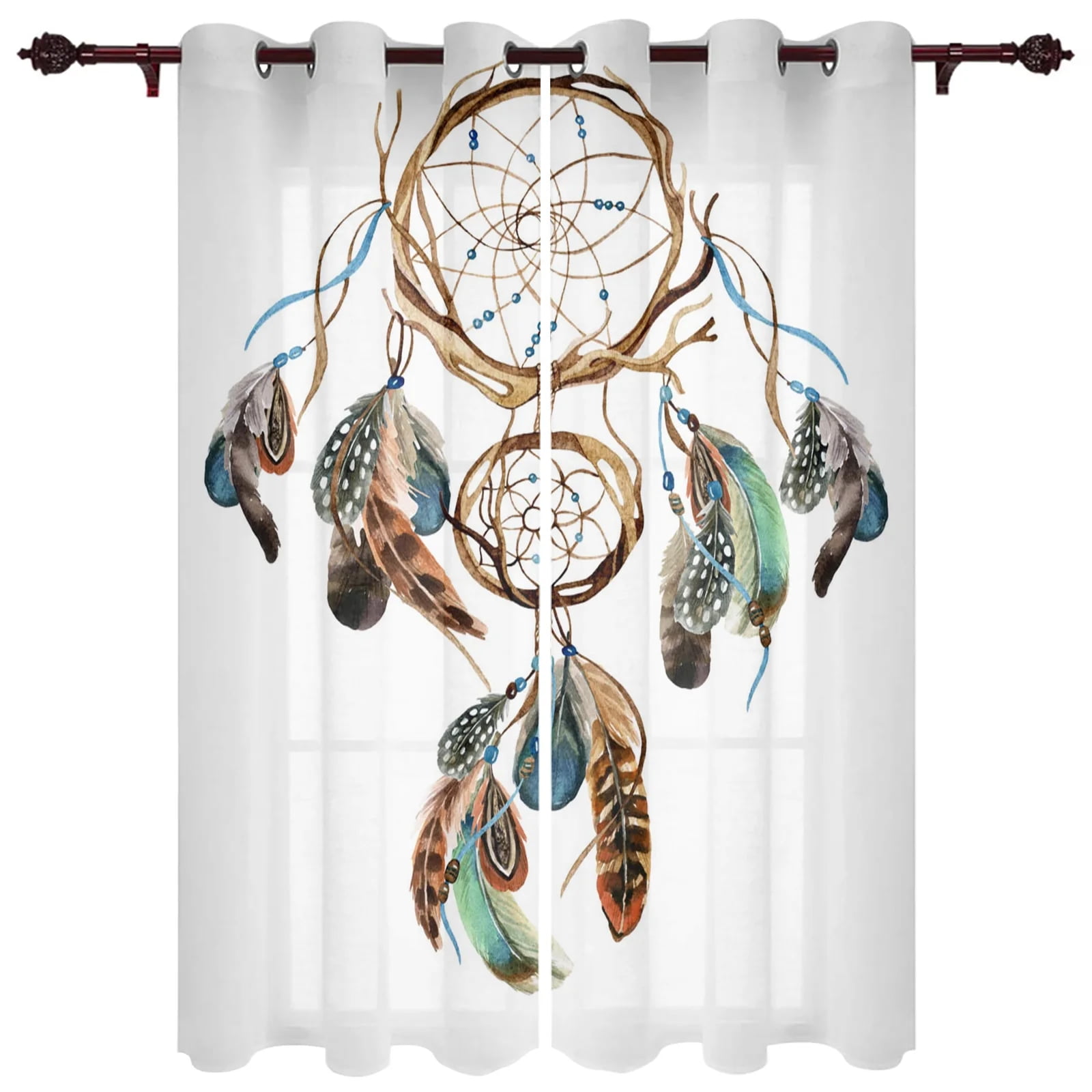 Boho Dream Catcher Watercolor Feather Pattern Modern Window Curtains for Living Room Bedroom ...