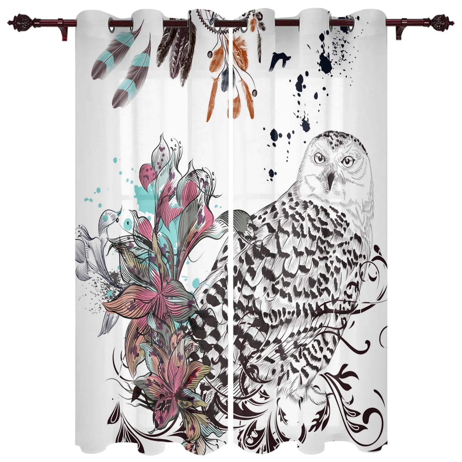 Boho Dream Catcher Watercolor Feather Pattern Modern Window Curtains for Living Room Bedroom ...