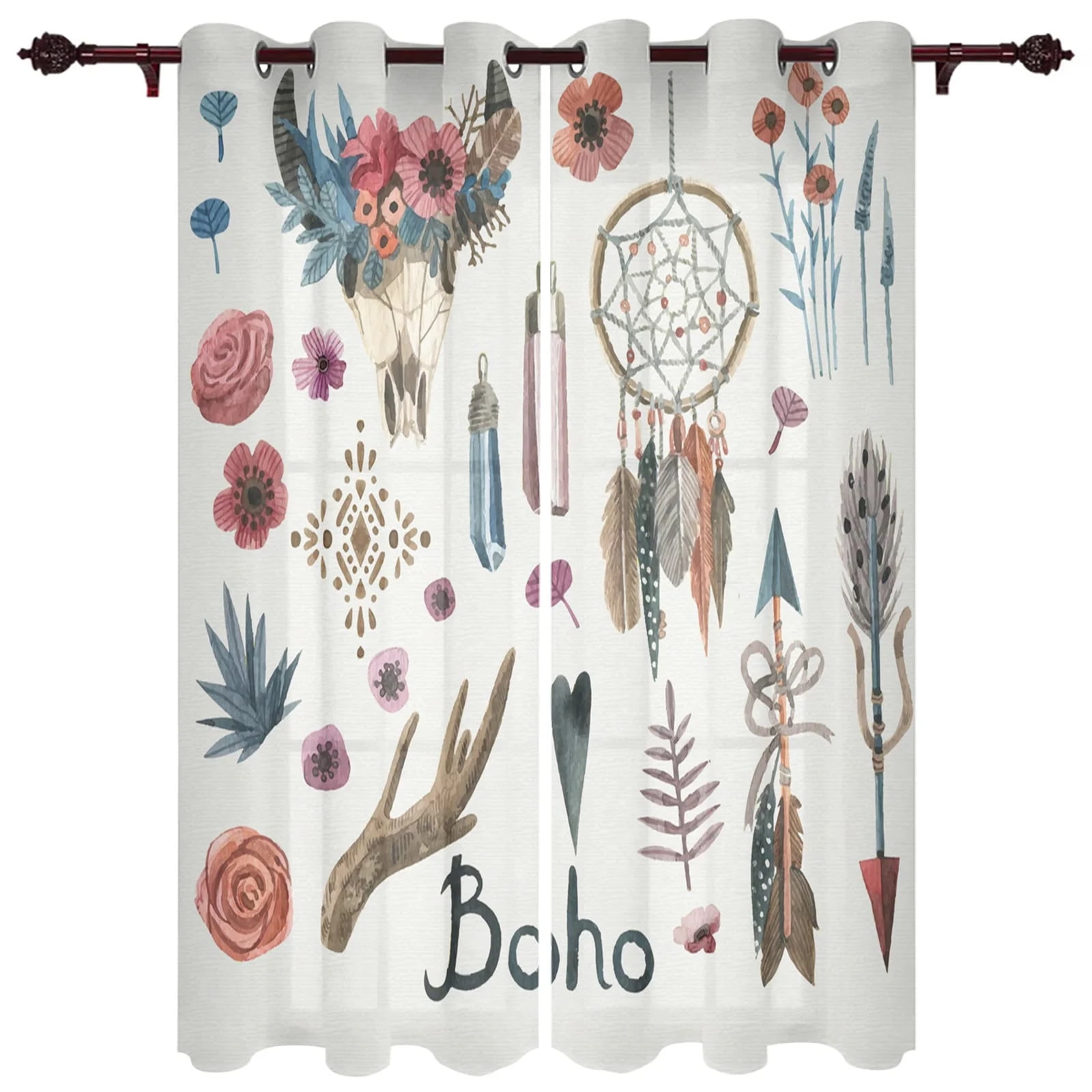 Boho Dream Catcher Watercolor Feather Pattern Modern Window Curtains ...