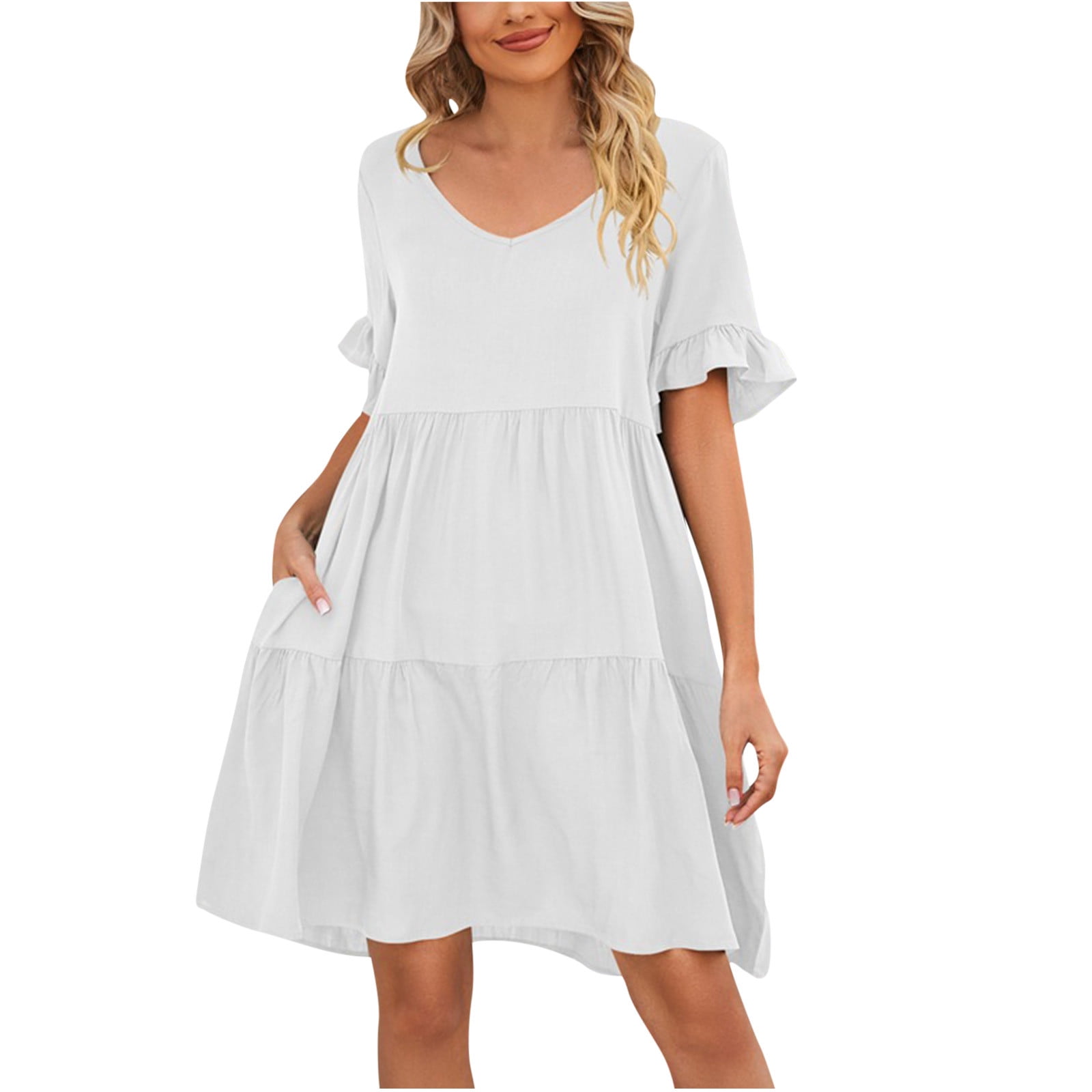 Boho Dress for Women V Neck Ruffle Short Sleeve Summer Casual Dress ...